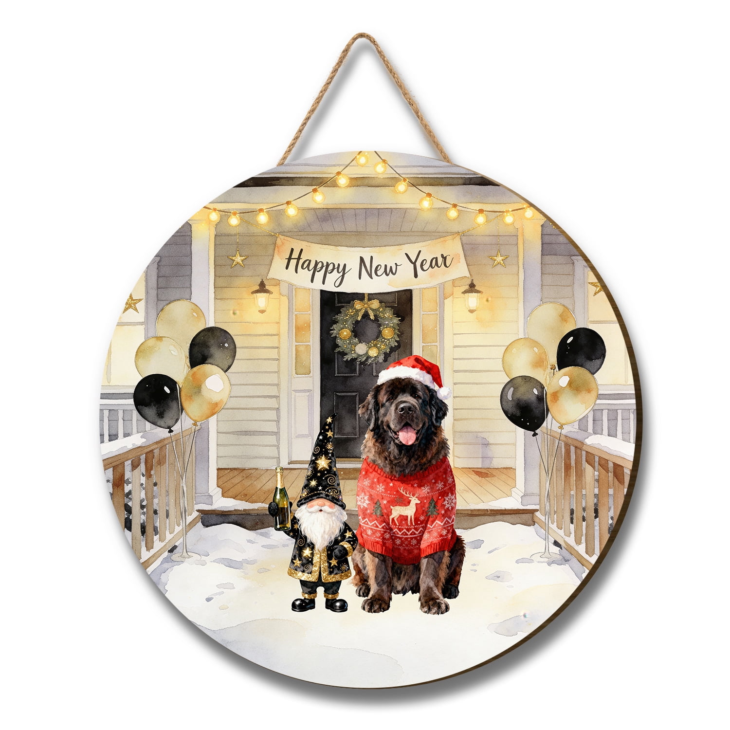 Happy New Year 2026 Newfoundland Santa Gnome Holiday Party Snow Round ...
