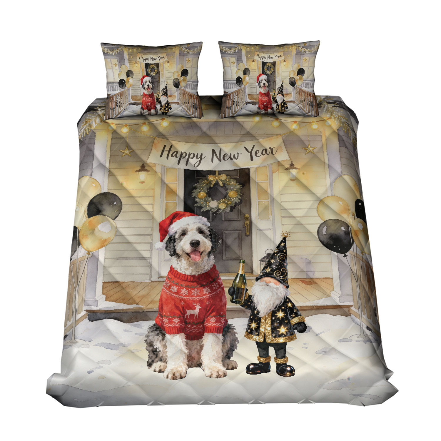 Happy New Year 2026 Old English Sheepdog Santa Gnome Holiday Party Snow ...