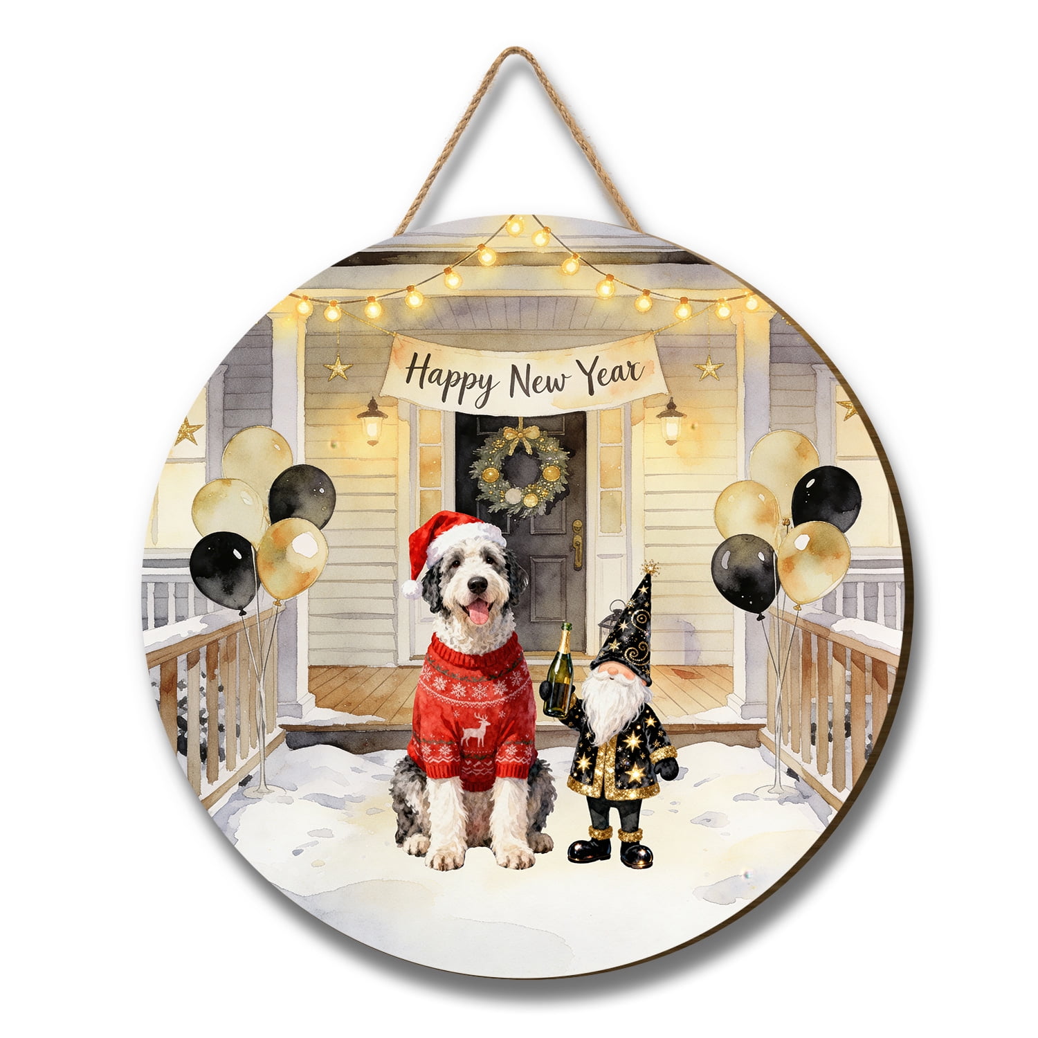 Happy New Year 2026 Old English Sheepdog Santa Gnome Holiday Party Snow ...