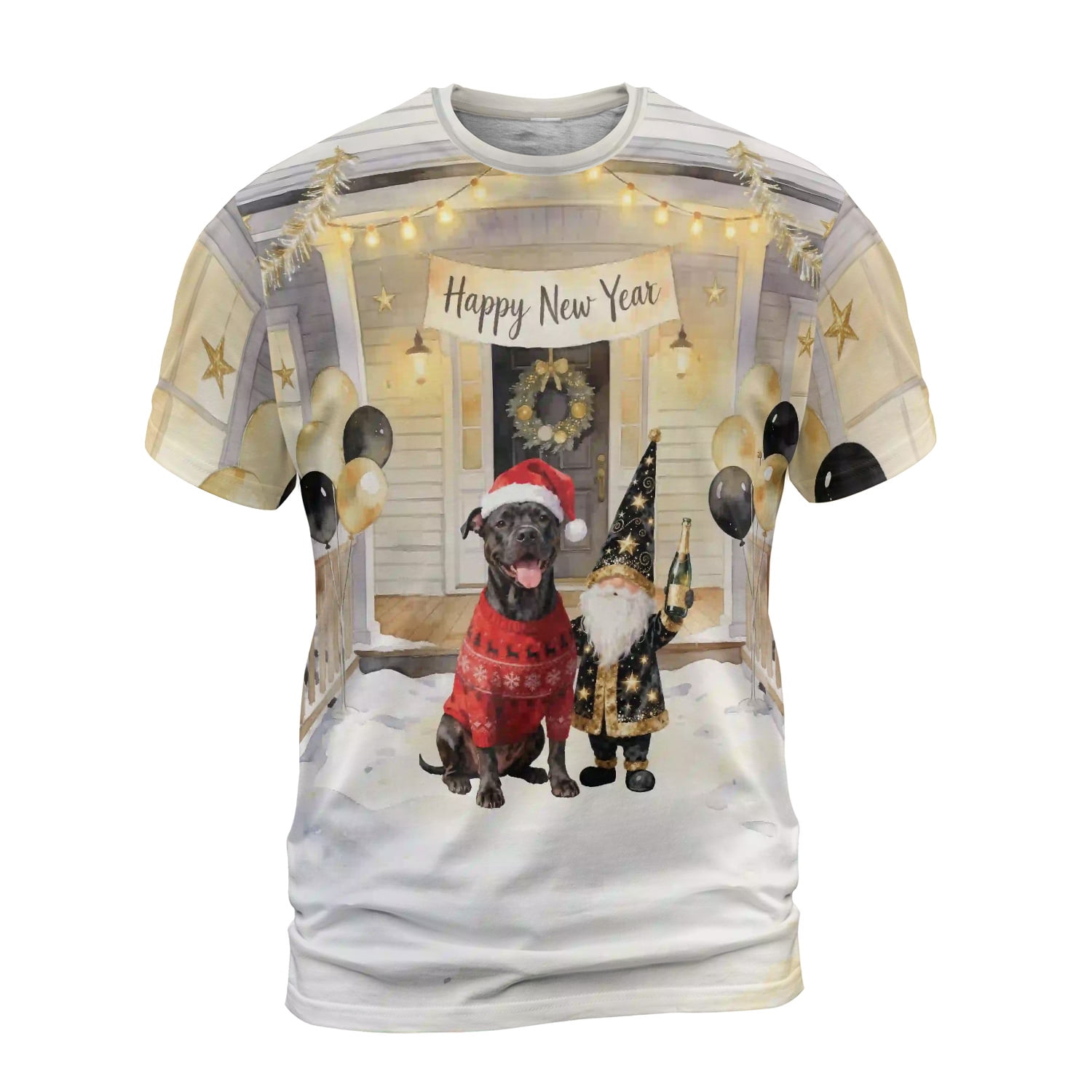 Happy New Year 2026 Pitbull Santa Gnome Holiday Party Snow All Over ...