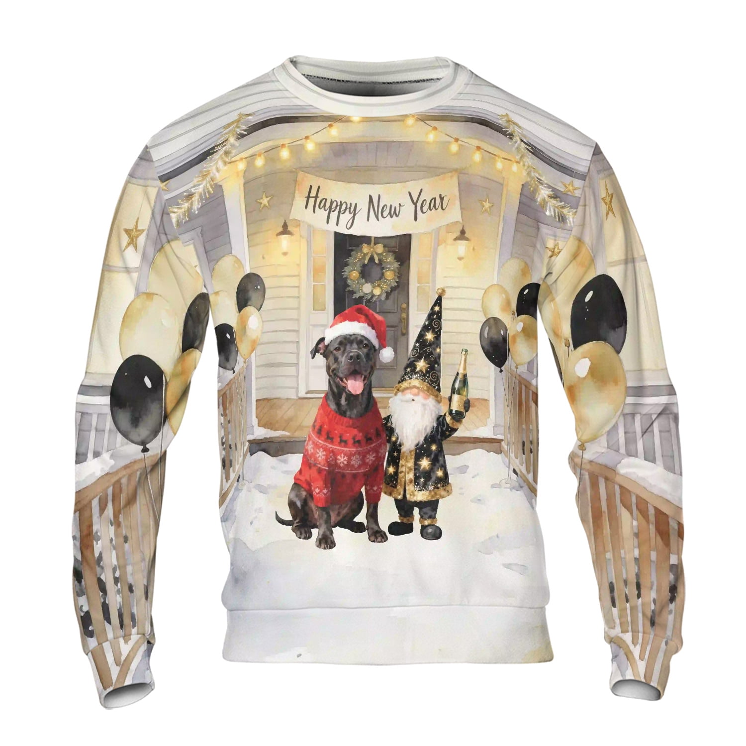 Happy New Year 2026 Pitbull Santa Gnome Holiday Party Snow All Over ...