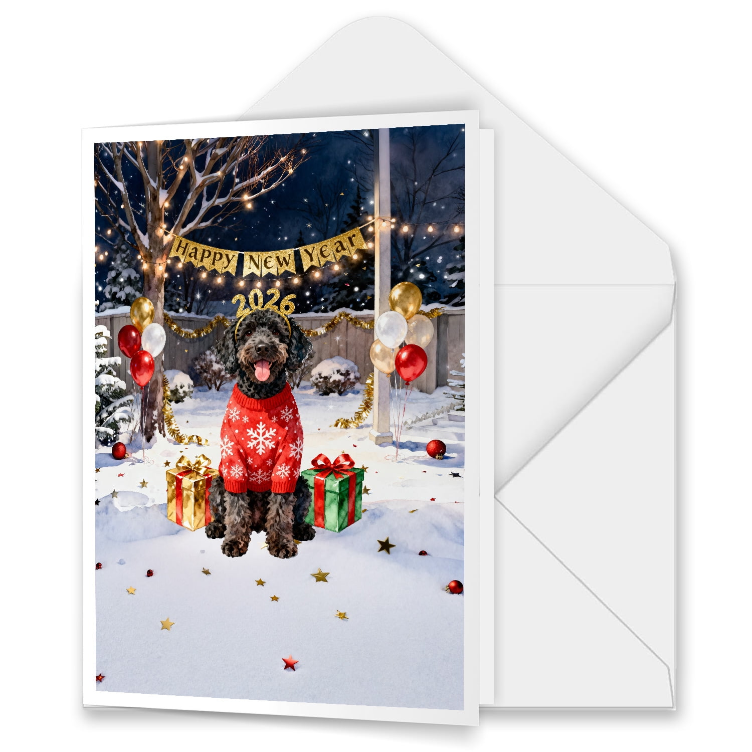 Happy New Year 2026 Portuguese Water Dog Holiday Balloons Party Snow ...