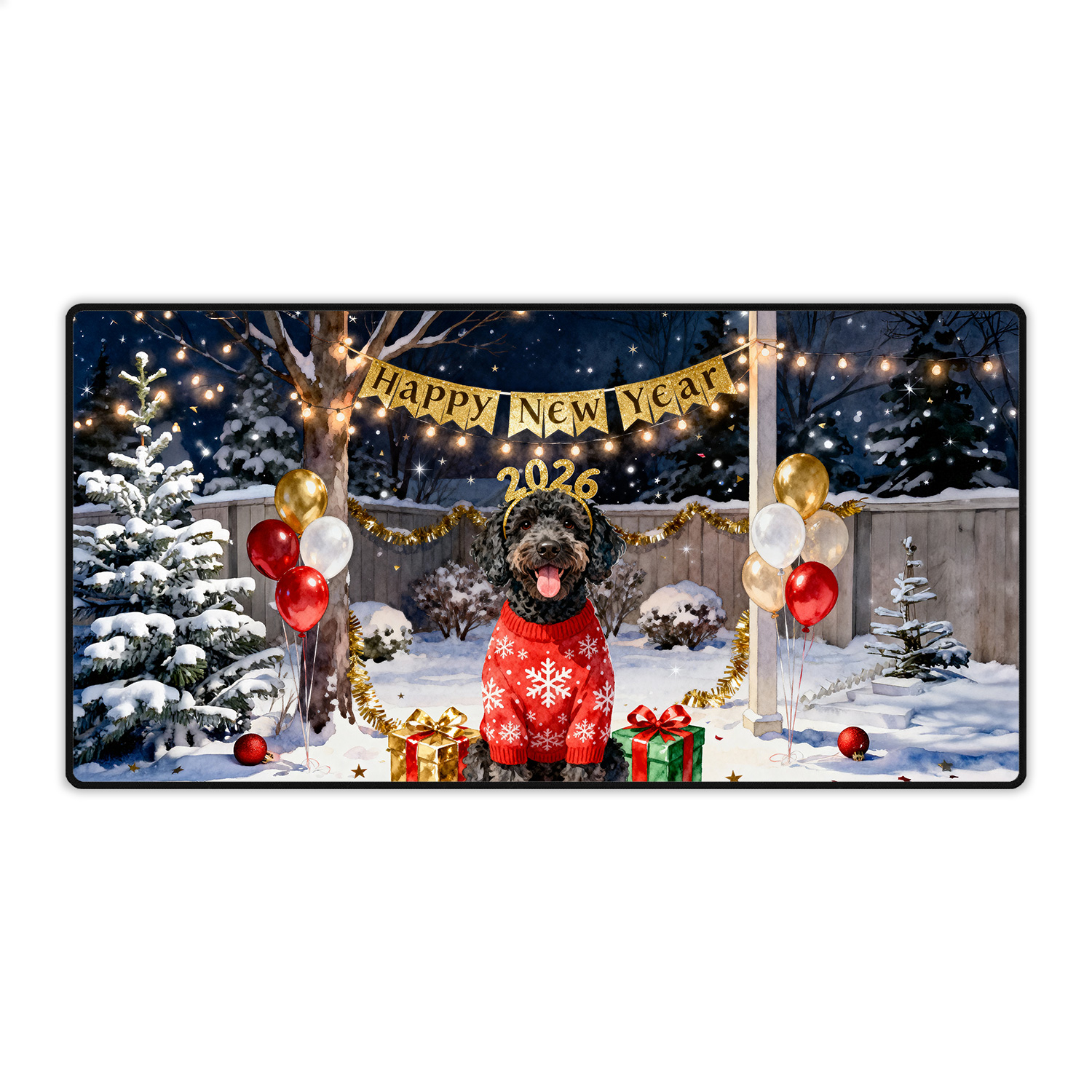 Happy New Year 2026 Portuguese Water Dog Holiday Balloons Party Snow ...