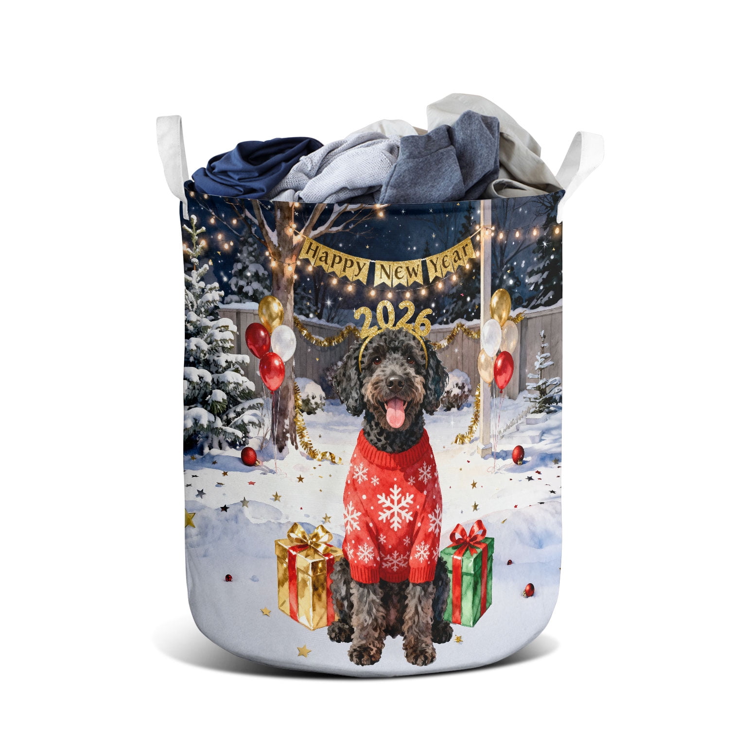 Happy New Year 2026 Portuguese Water Dog Holiday Balloons Party Snow ...