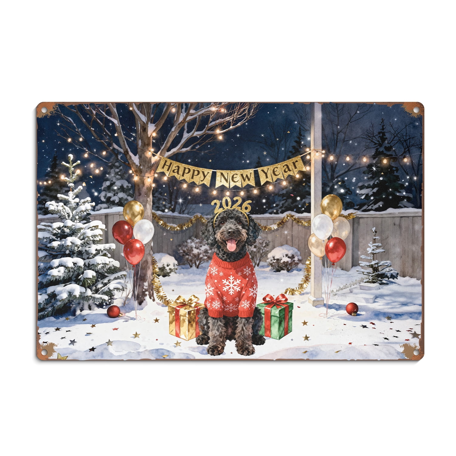 Happy New Year 2026 Portuguese Water Dog Holiday Balloons Party Snow ...