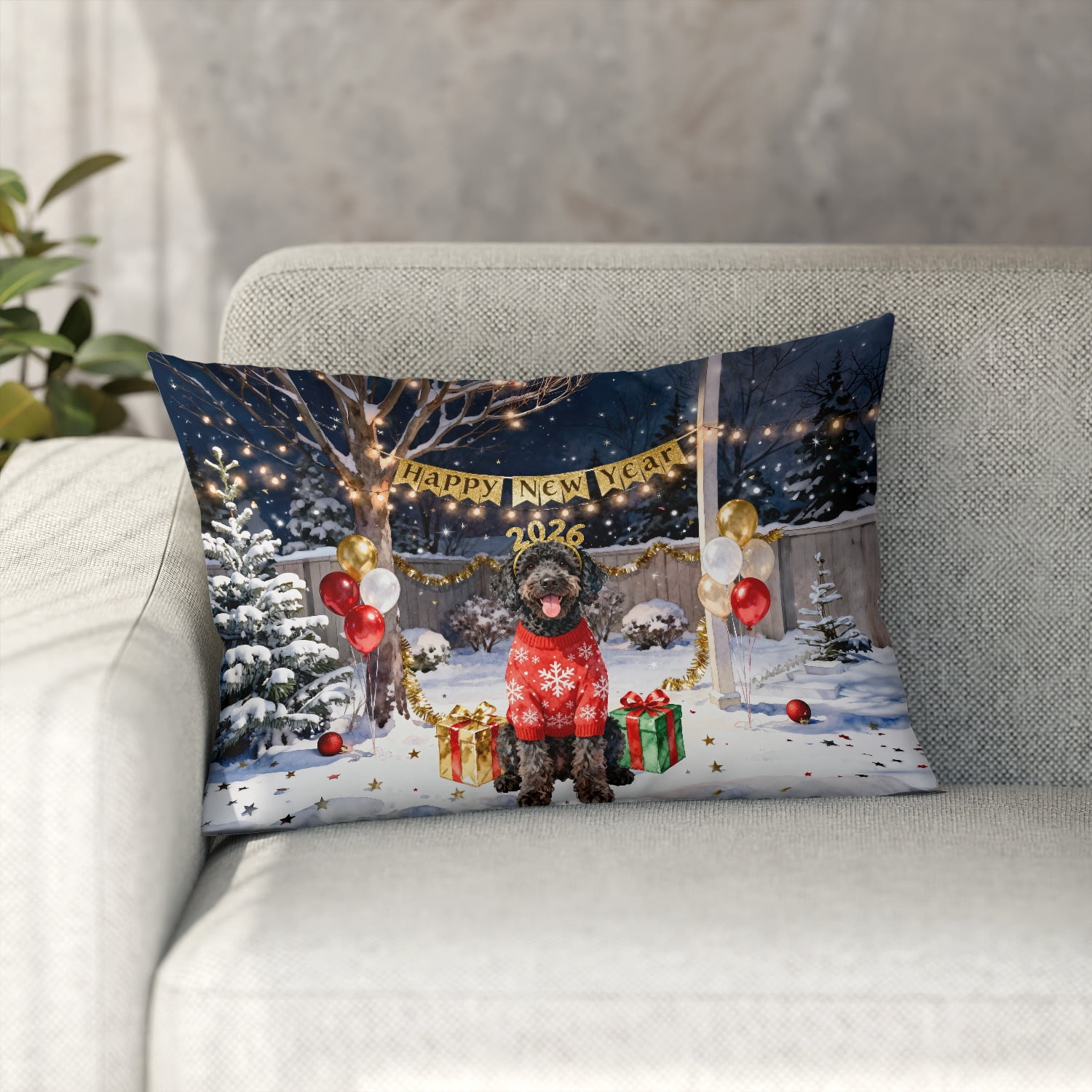Happy New Year 2026 Portuguese Water Dog Holiday Balloons Party Snow ...