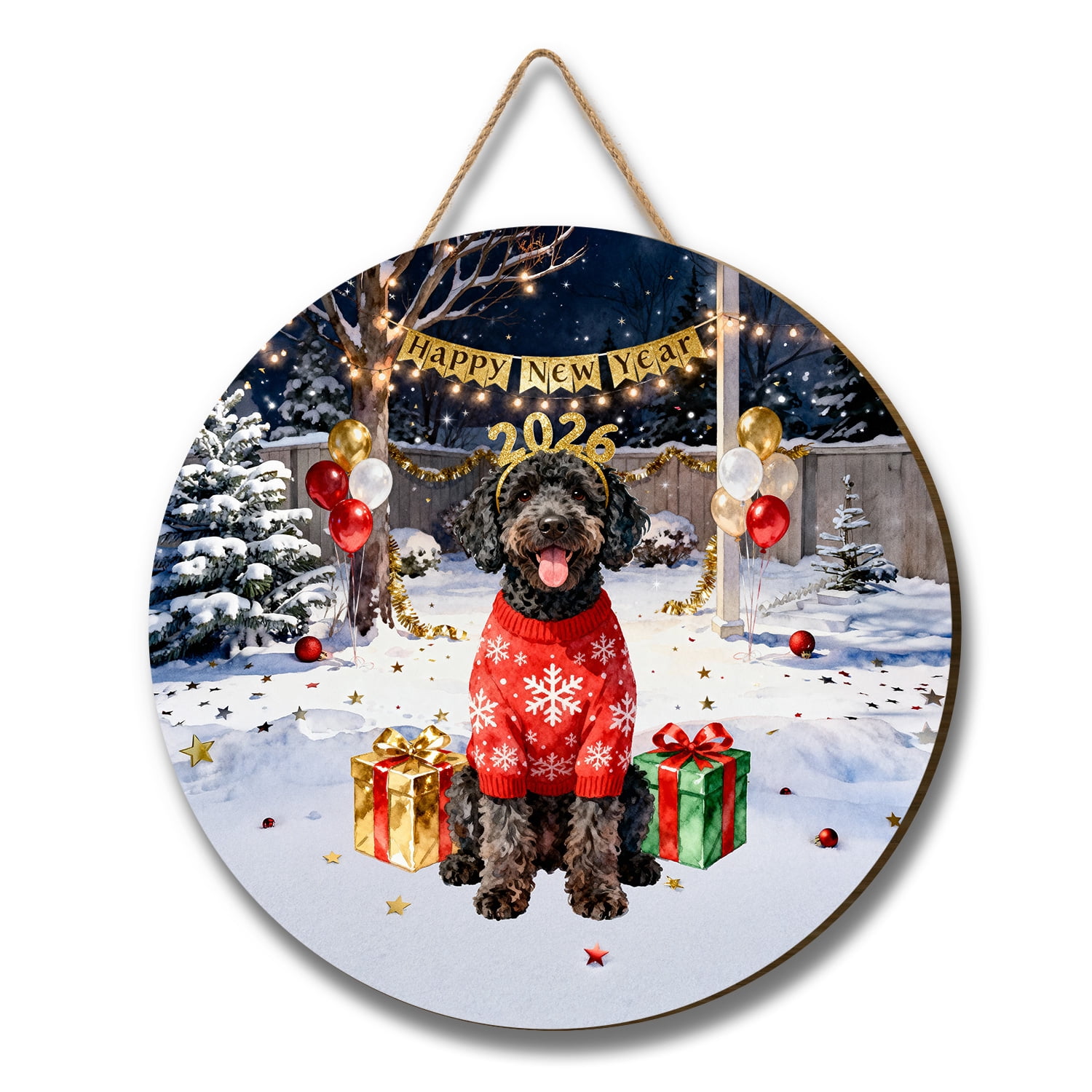 Happy New Year 2026 Portuguese Water Dog Holiday Balloons Party Snow ...