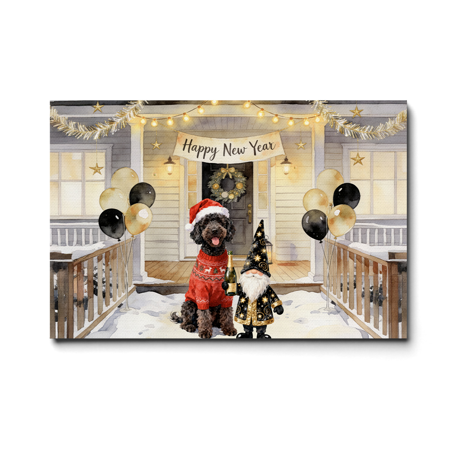 Happy New Year 2026 Portuguese Water Dog Santa Gnome Holiday Party Snow ...