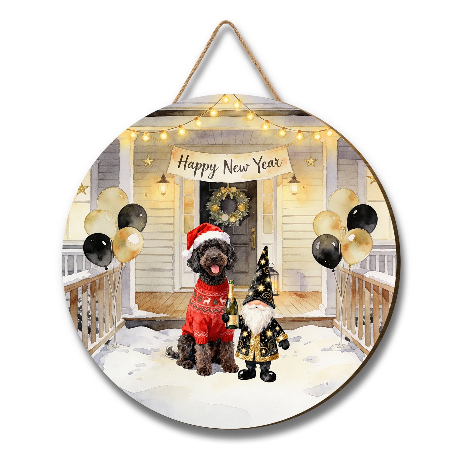 Happy New Year 2026 Portuguese Water Dog Santa Gnome Holiday Party Snow ...