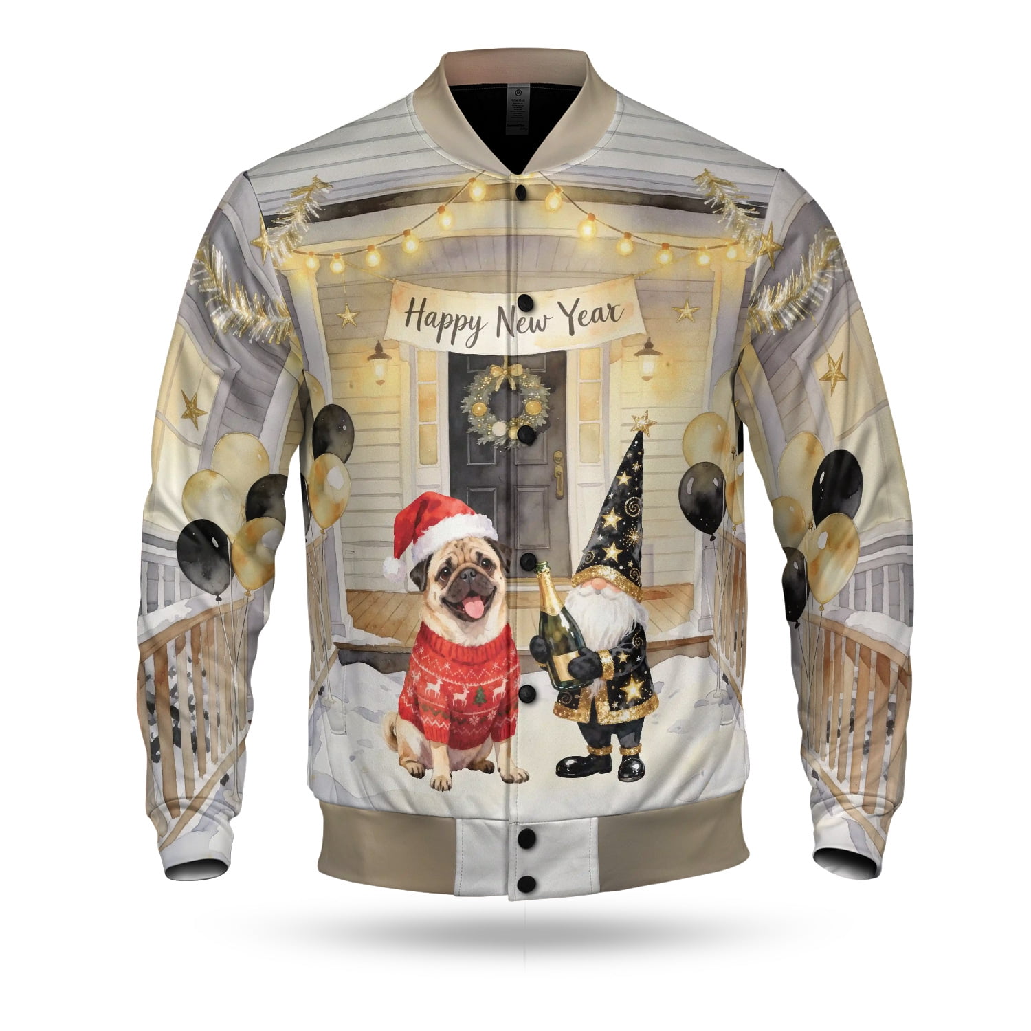 Happy New Year 2026 Pug Santa Gnome Holiday Party Snow All Over Print ...