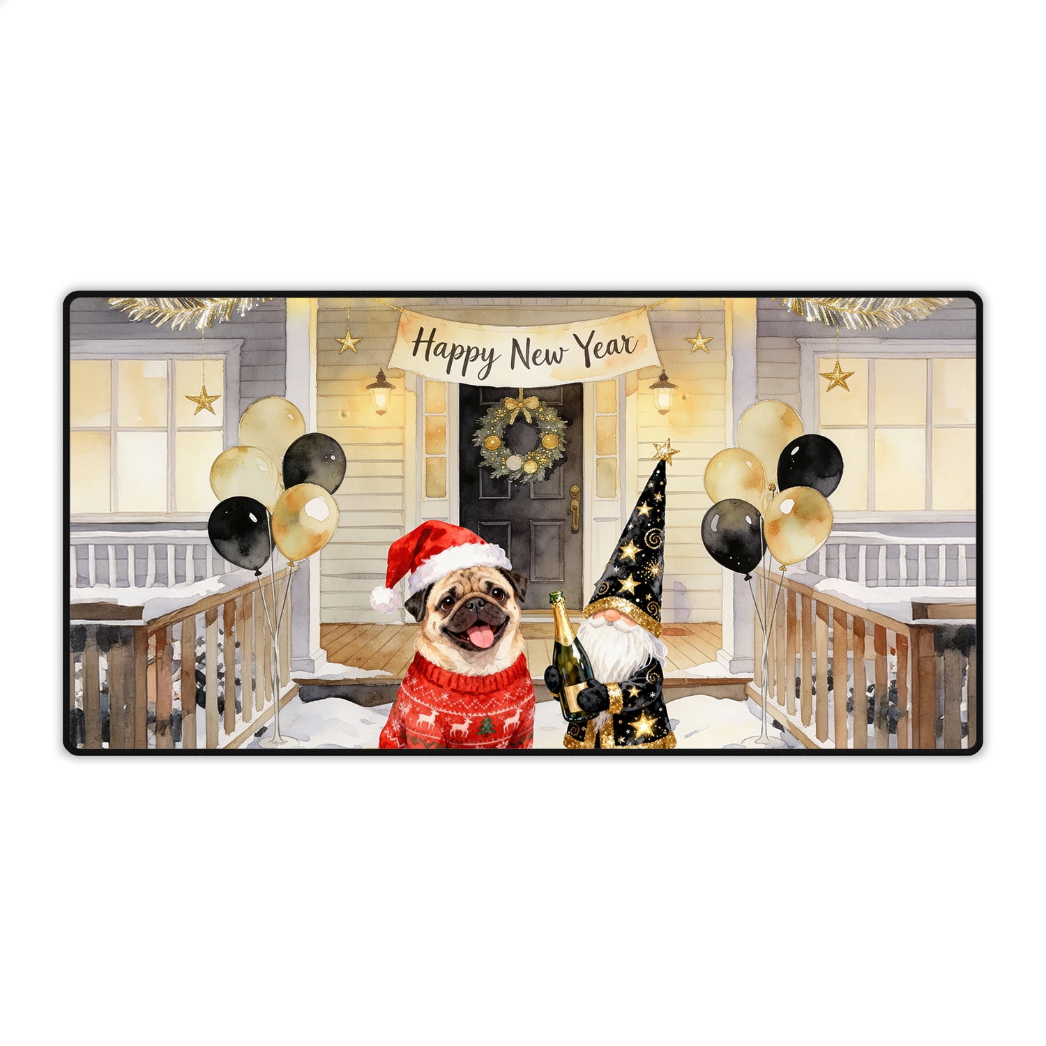 Happy New Year 2026 Pug Santa Gnome Holiday Party Snow Desk Mat Full ...
