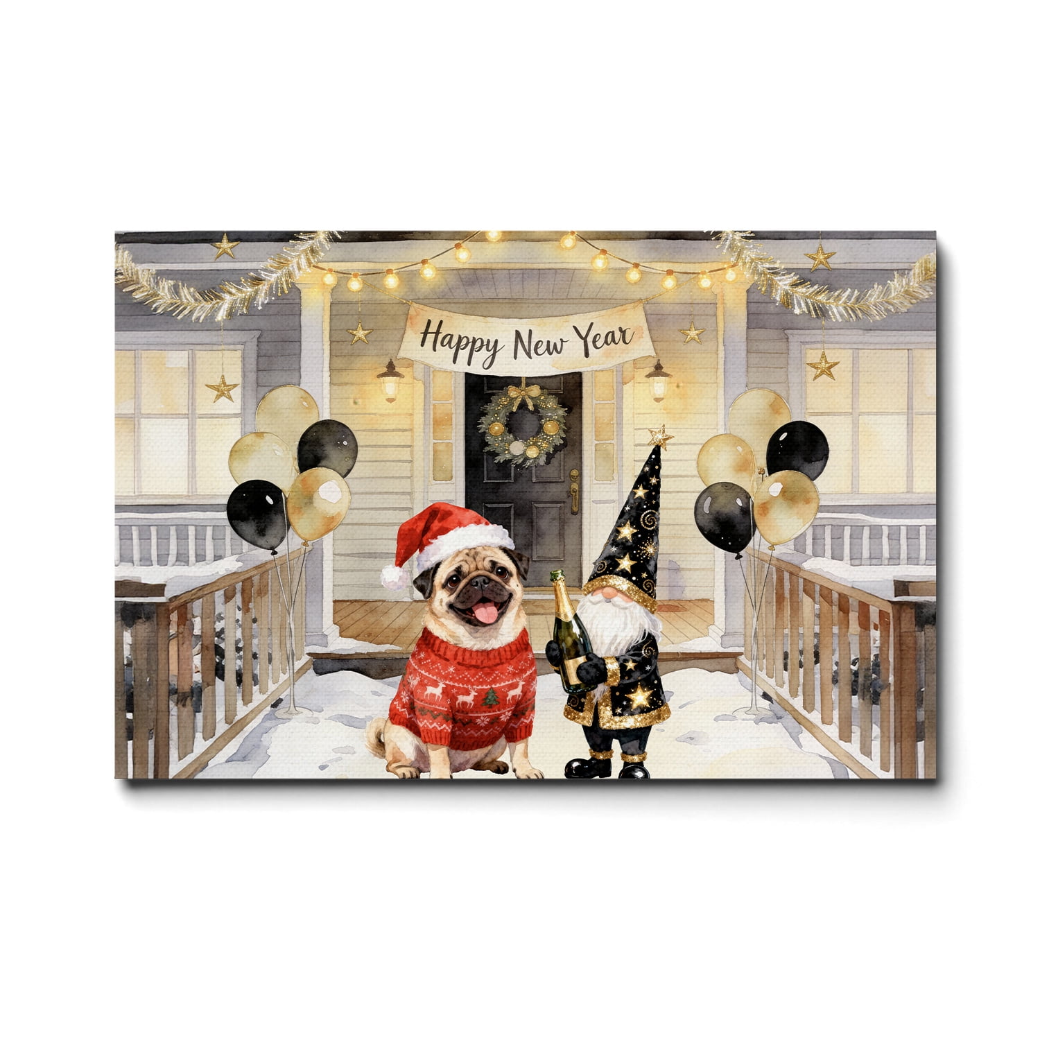 Happy New Year 2026 Pug Santa Gnome Holiday Party Snow Horizontal Matte ...