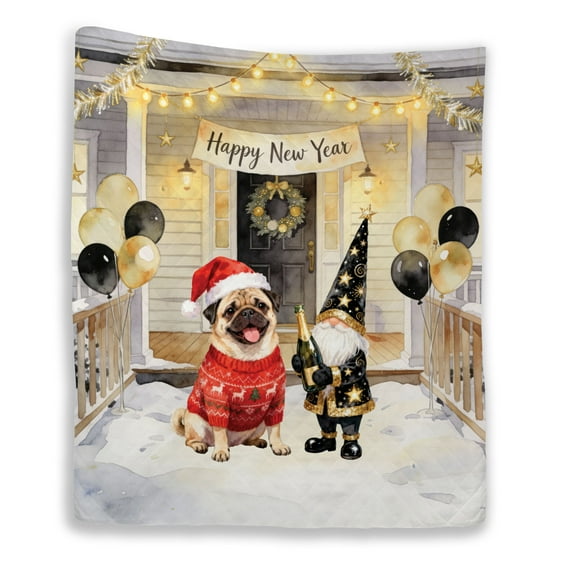Happy New Year 2026 Pug Santa Gnome Holiday Party Snow Quilt Blanket ...