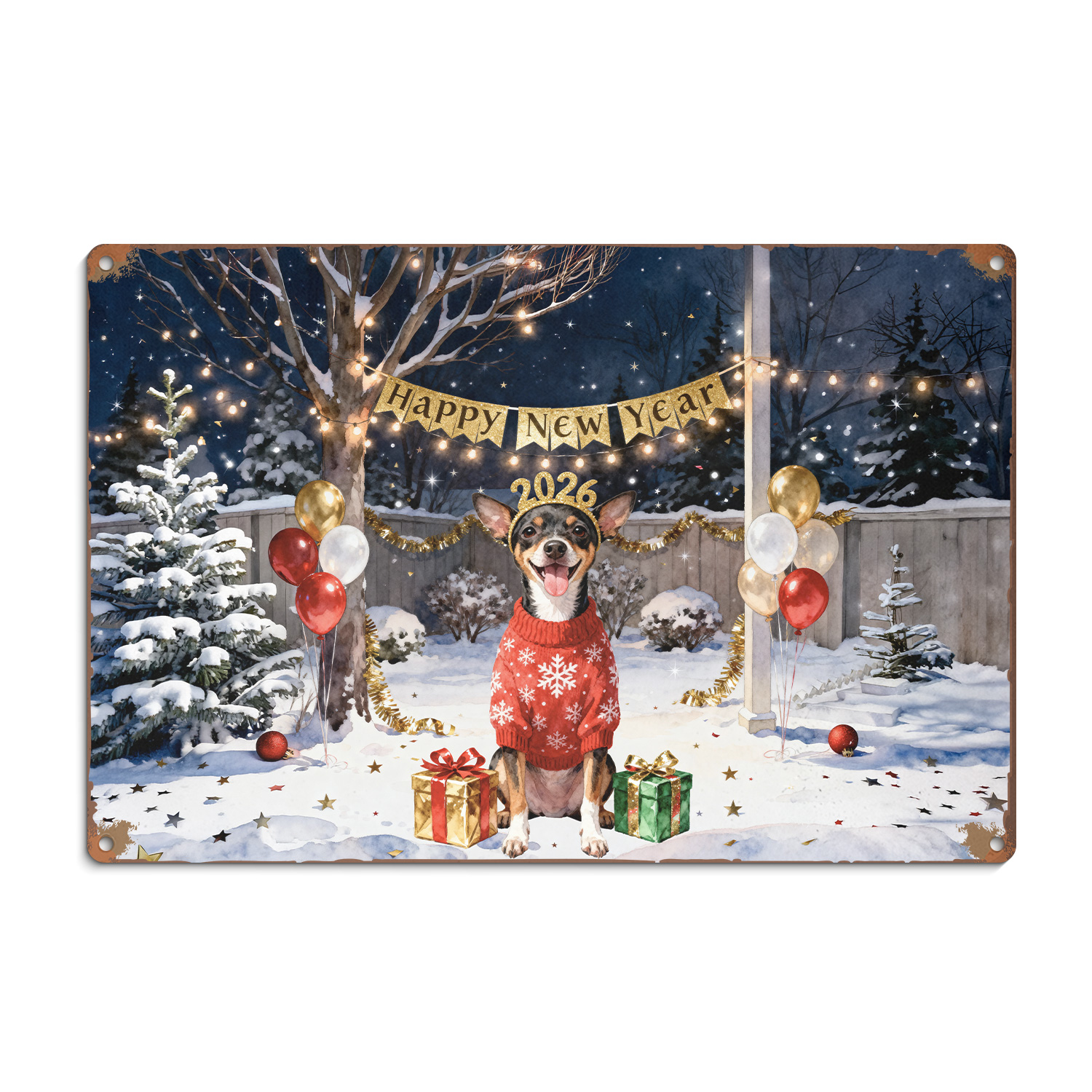 Happy New Year 2026 Rat Terrier Holiday Balloons Party Snow Horizontal ...
