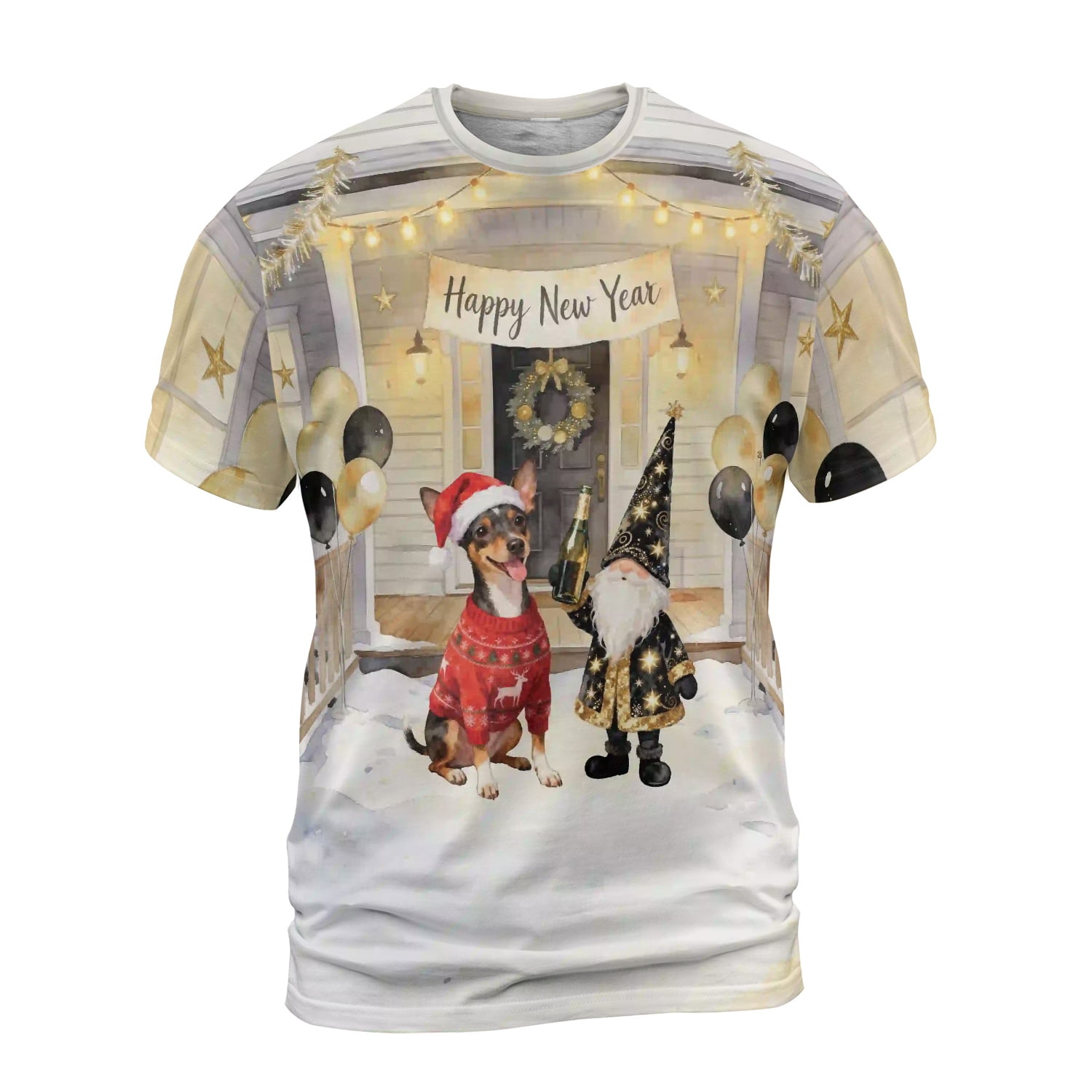 Happy New Year 2026 Rat Terrier Santa Gnome Holiday Party Snow All Over ...