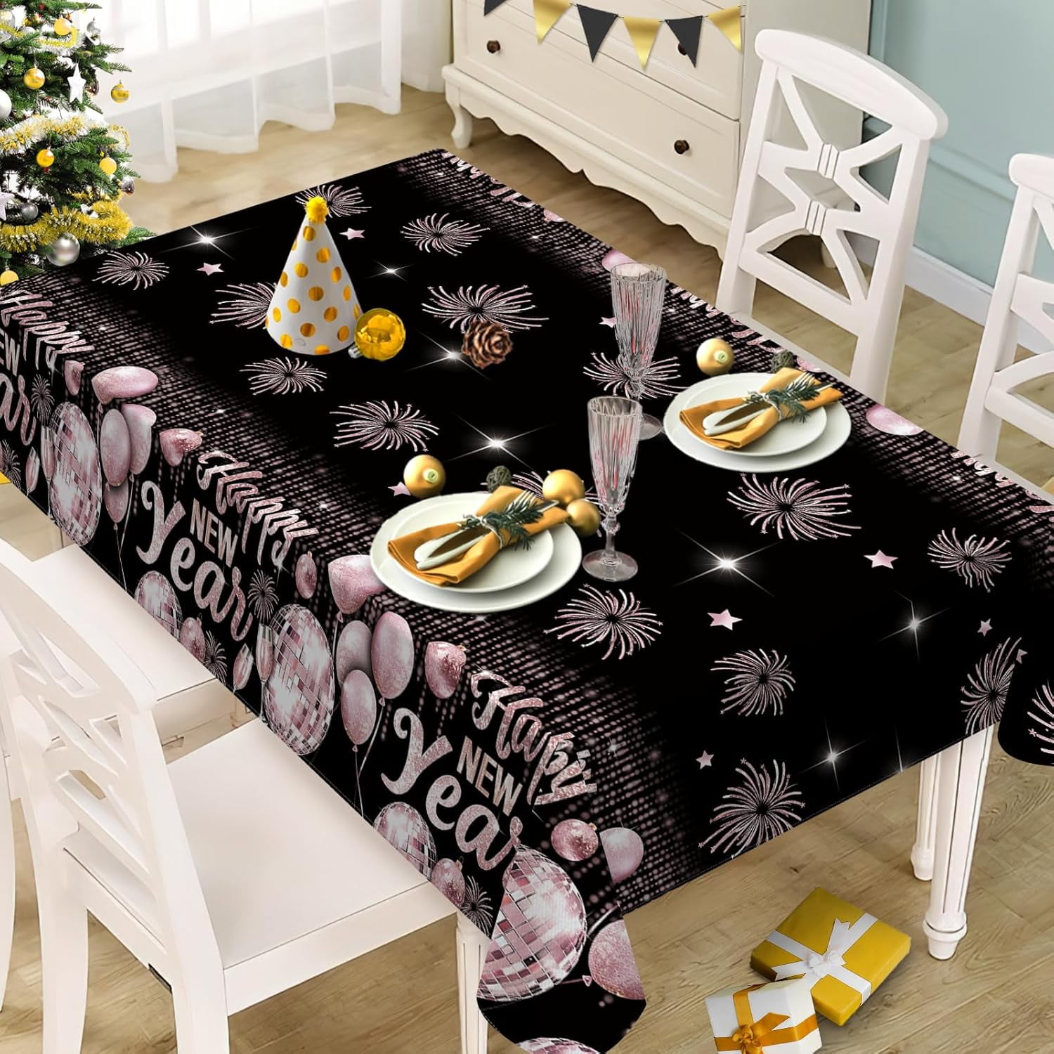 Happy New Year 2026 Rectangle Tablecloth 60'''' x 84'''', Pink Black ...