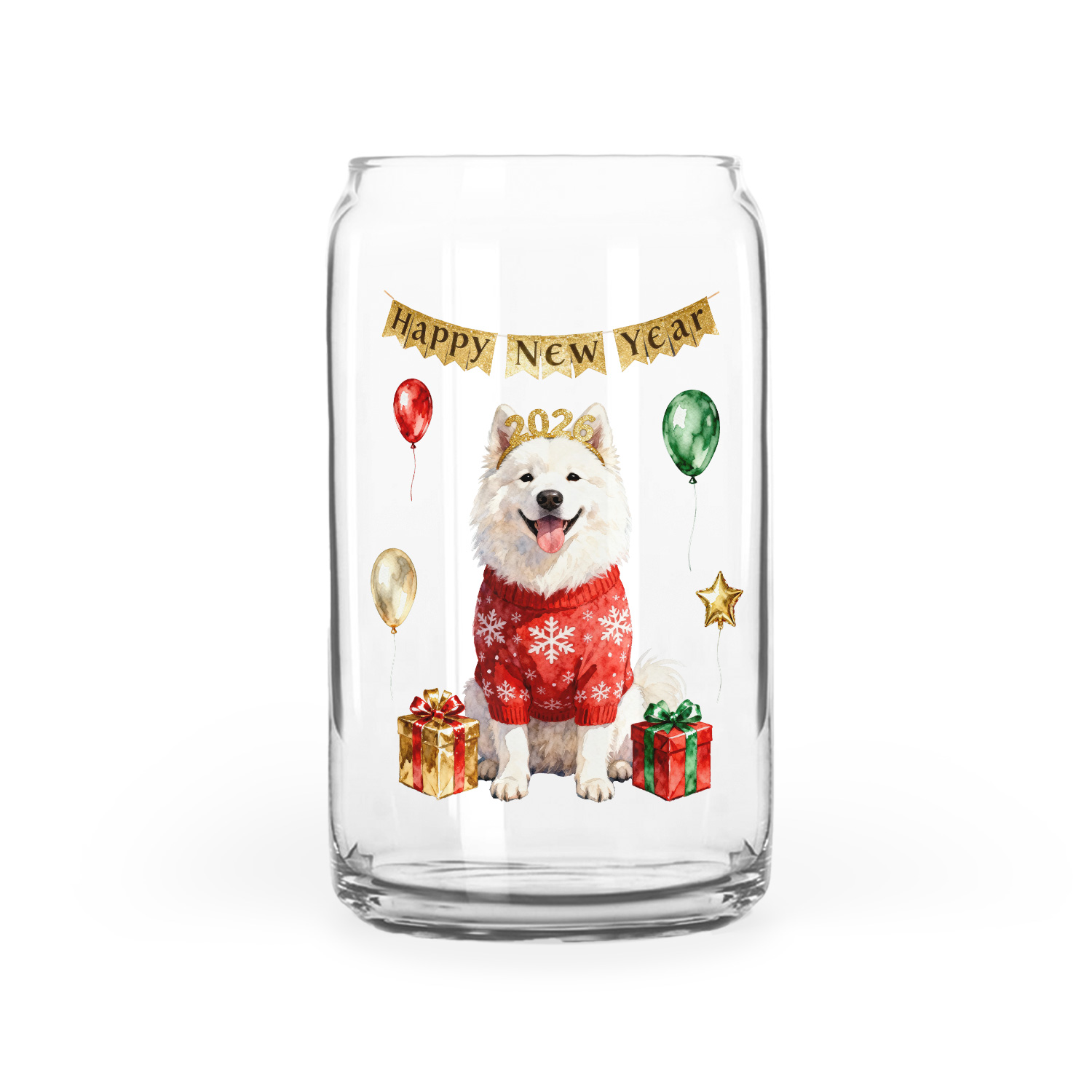 Happy New Year 2026 Samoyed Holiday Balloons Party Snow 16oz Glass Cup ...
