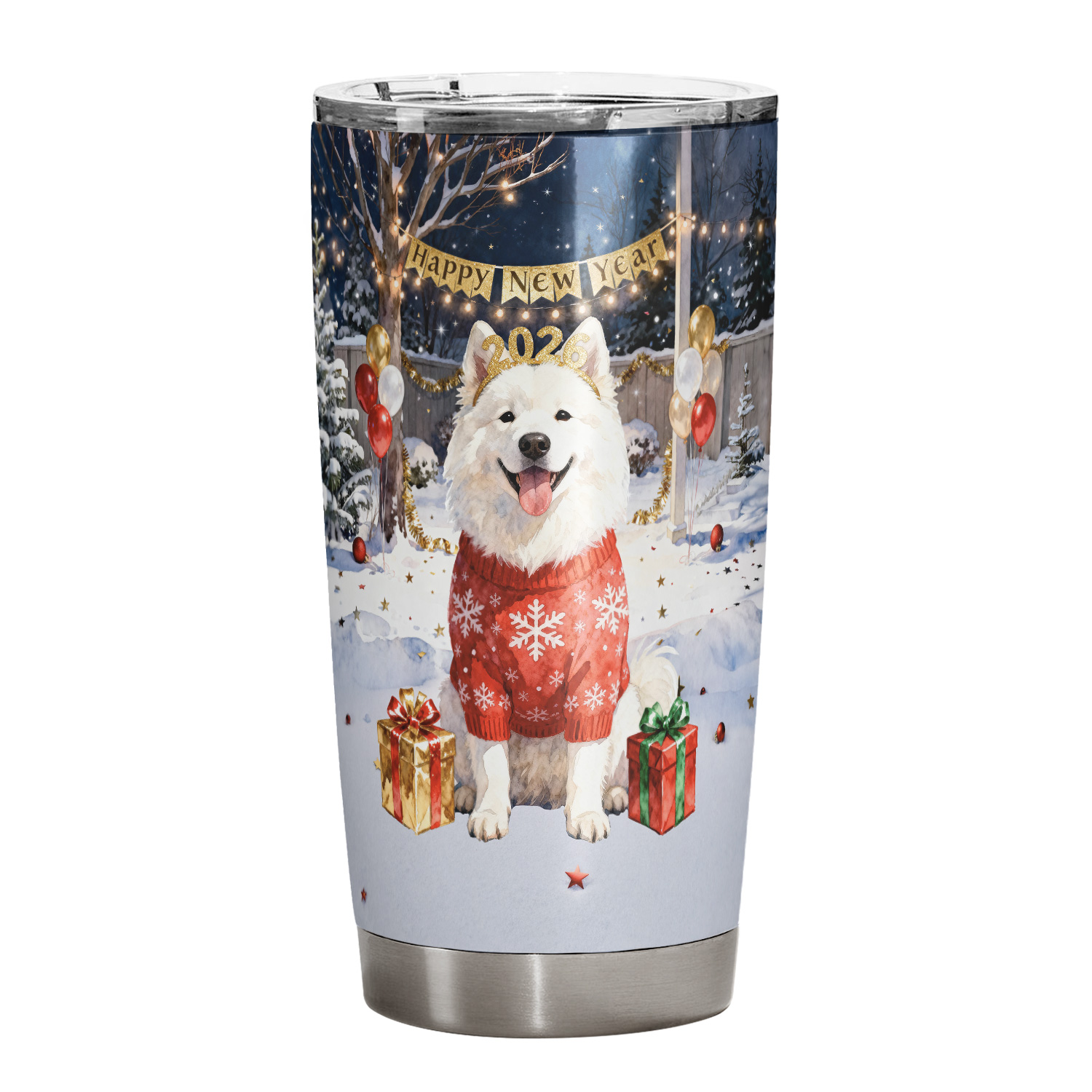 Happy New Year 2026 Samoyed Holiday Balloons Party Snow 20oz Stainless ...