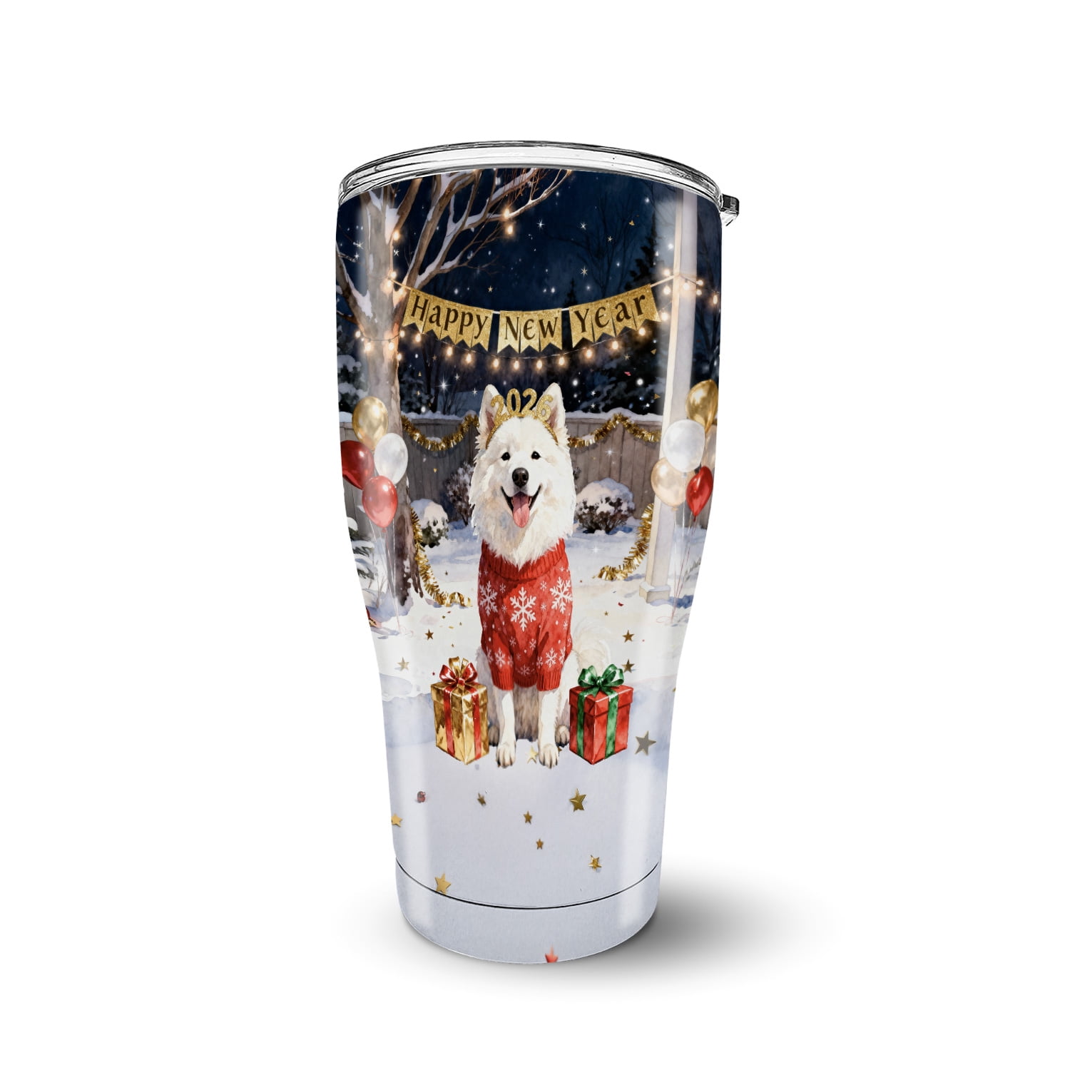 Happy New Year 2026 Samoyed Holiday Balloons Party Snow 30oz Stainless ...