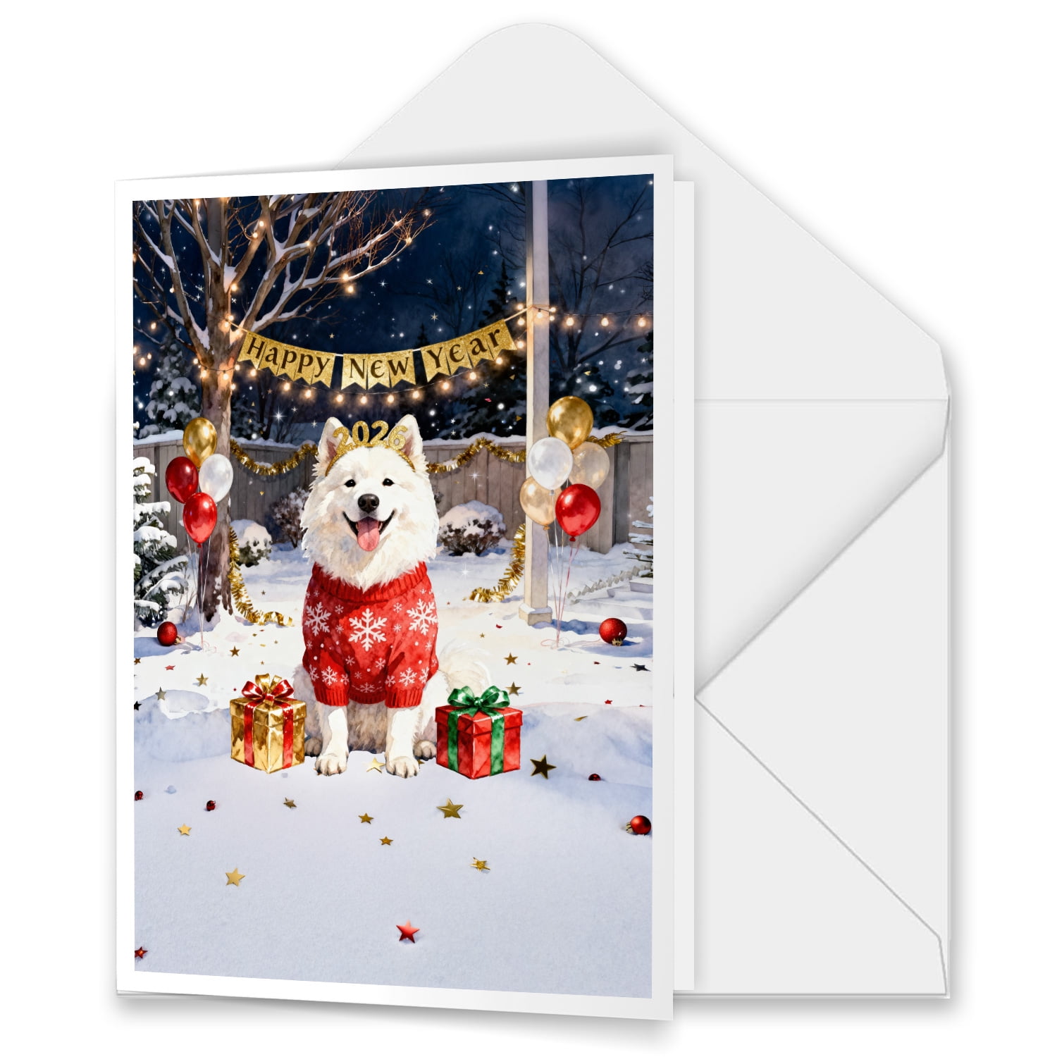 Happy New Year 2026 Samoyed Holiday Balloons Party Snow 5x7in Folded ...