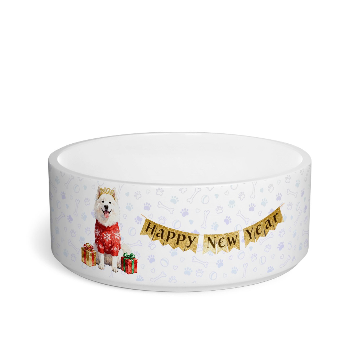 Happy New Year 2026 Samoyed Holiday Balloons Party Snow Ceramic Pet ...