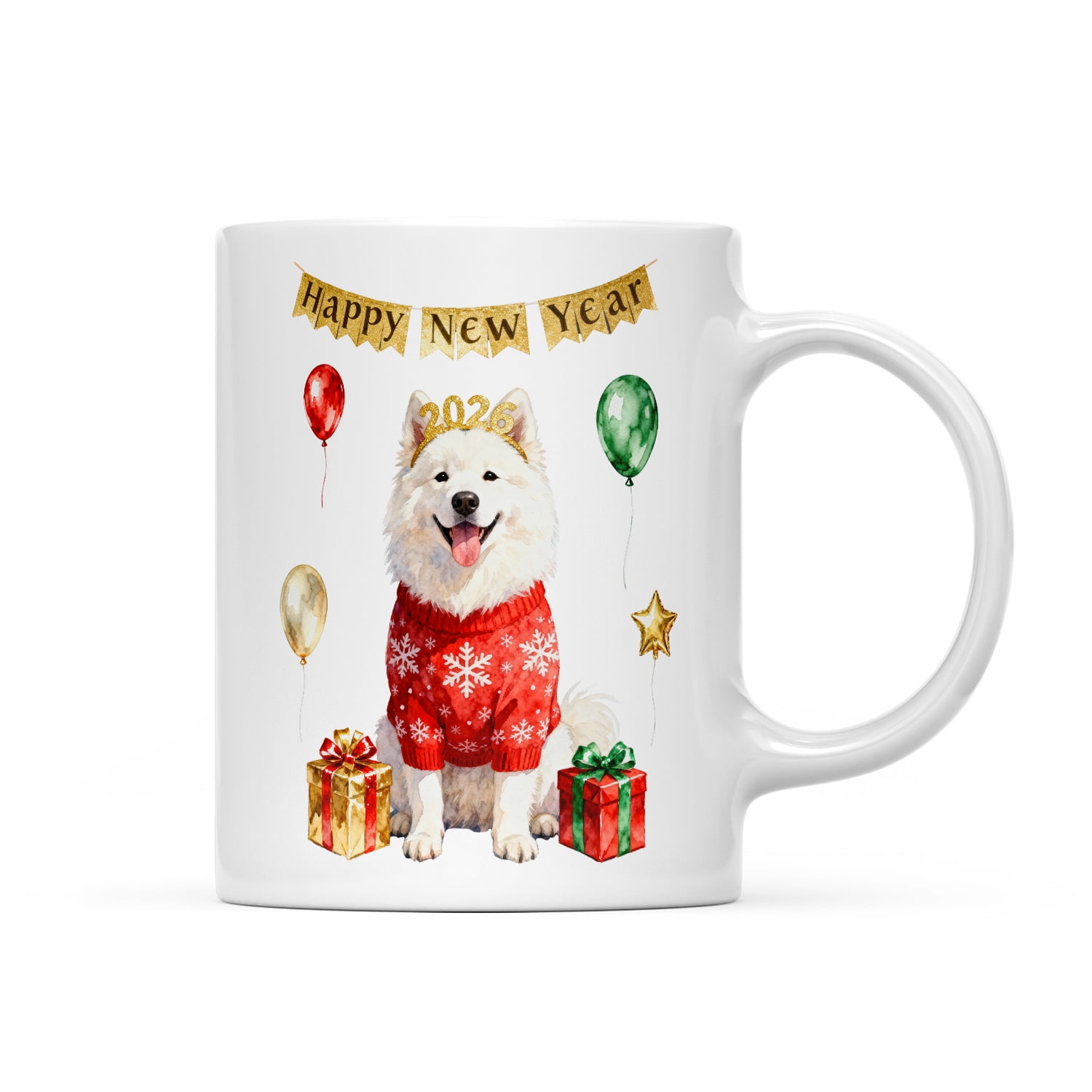 Happy New Year 2026 Samoyed Holiday Balloons Party Snow Mug Siberian ...
