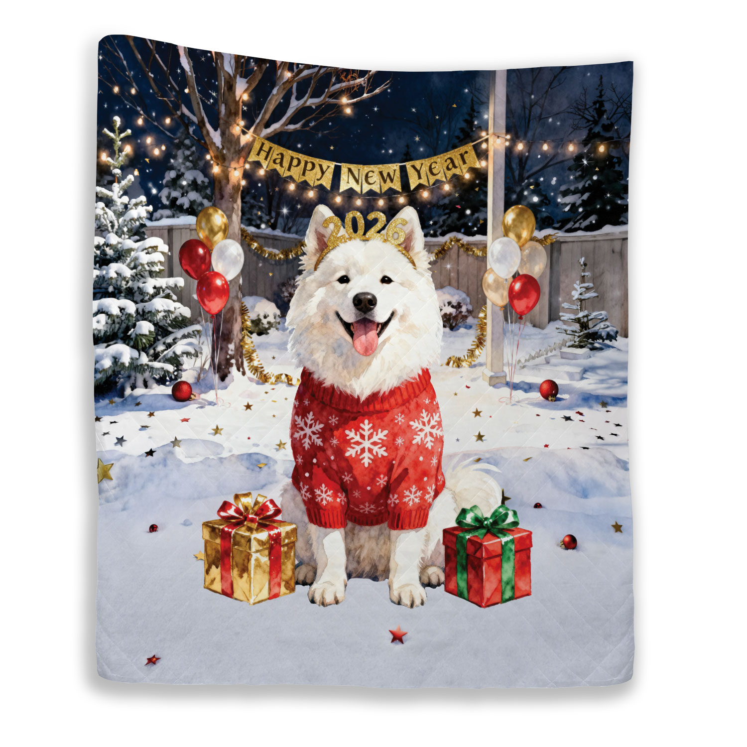 Happy New Year 2026 Samoyed Holiday Balloons Party Snow Quilt Blanket ...
