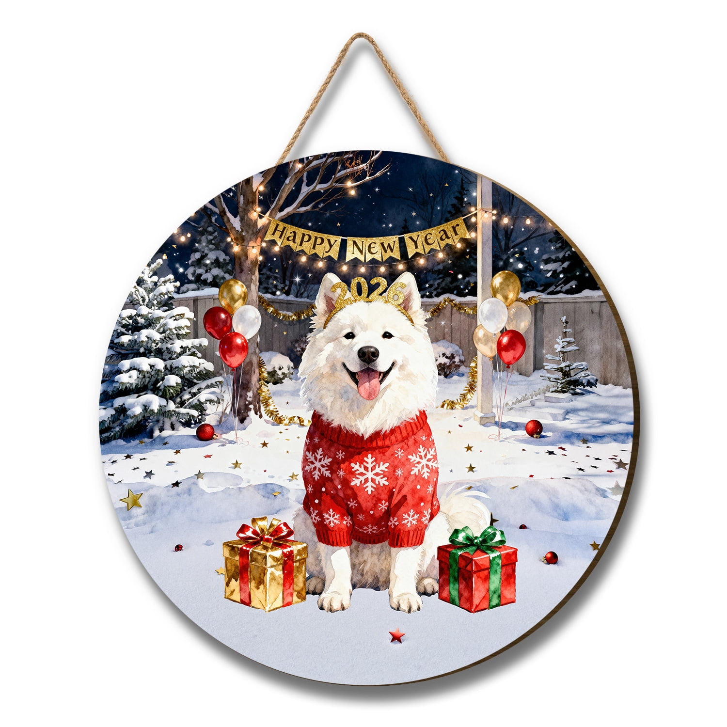 Happy New Year 2026 Samoyed Holiday Balloons Party Snow Round Wood Sign ...