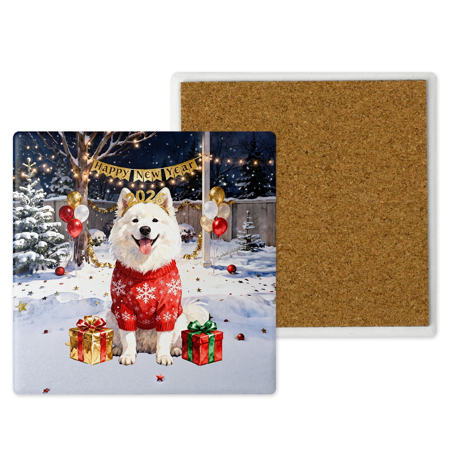 Happy New Year 2026 Samoyed Holiday Balloons Party Snow Set of 4 Stone ...