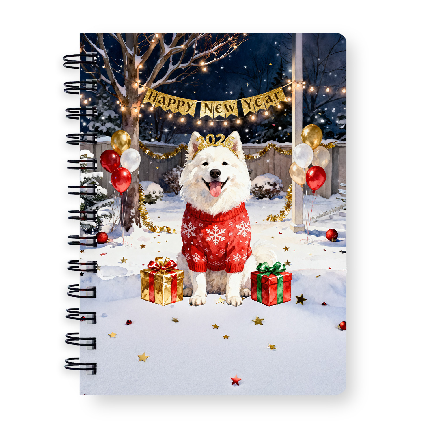 Happy New Year 2026 Samoyed Holiday Balloons Party Snow Spiral Bound ...