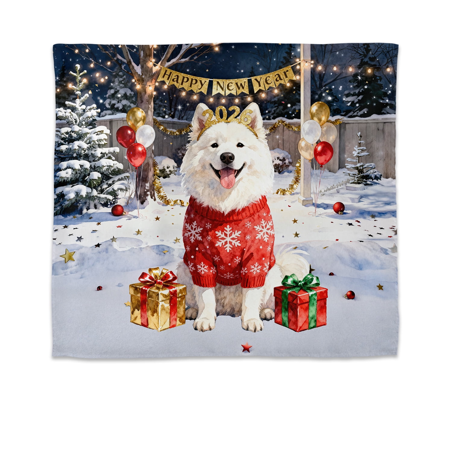 Happy New Year 2026 Samoyed Holiday Balloons Party Snow Tapestry ...