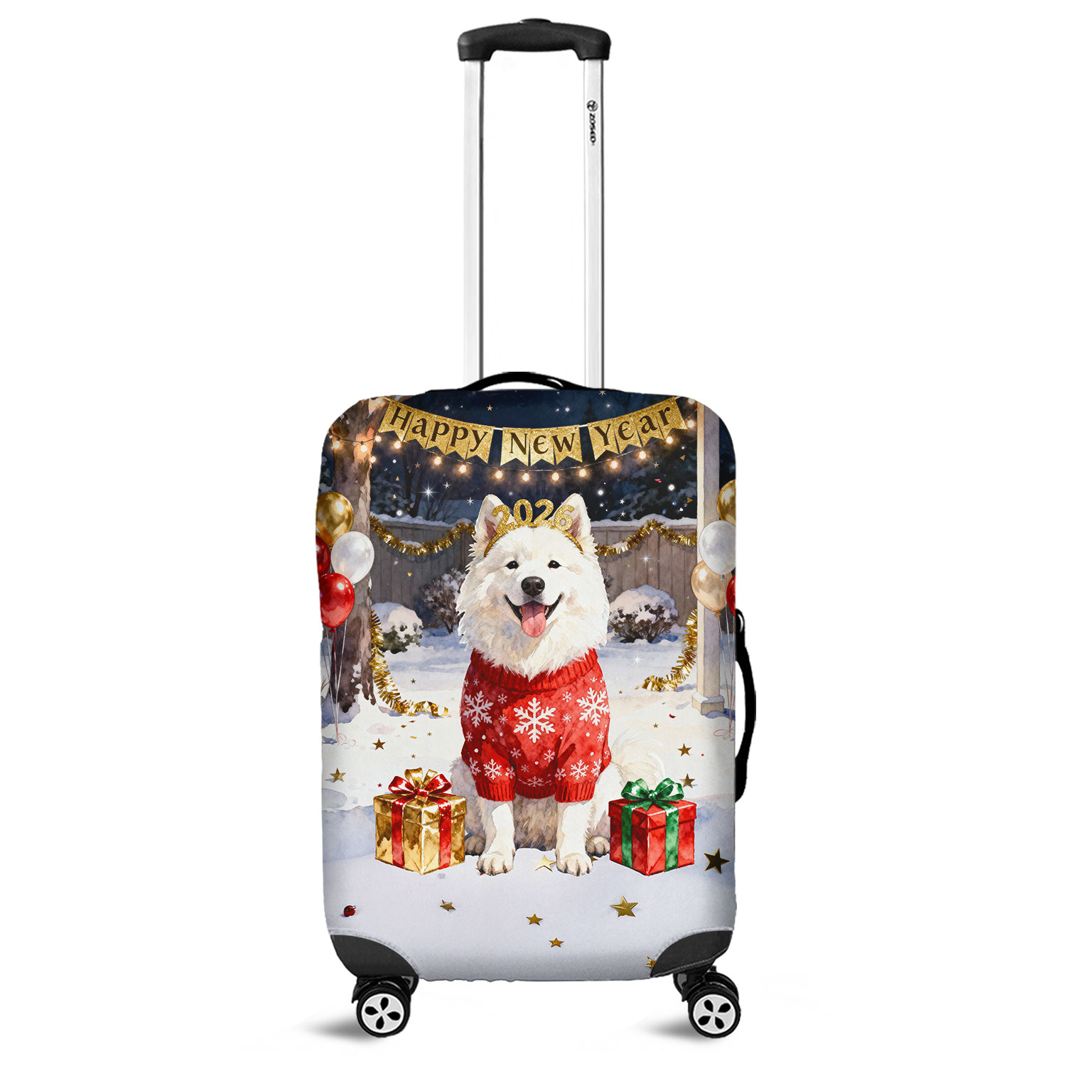Happy New Year 2026 Samoyed Holiday Balloons Party Snow Travel Luggage ...