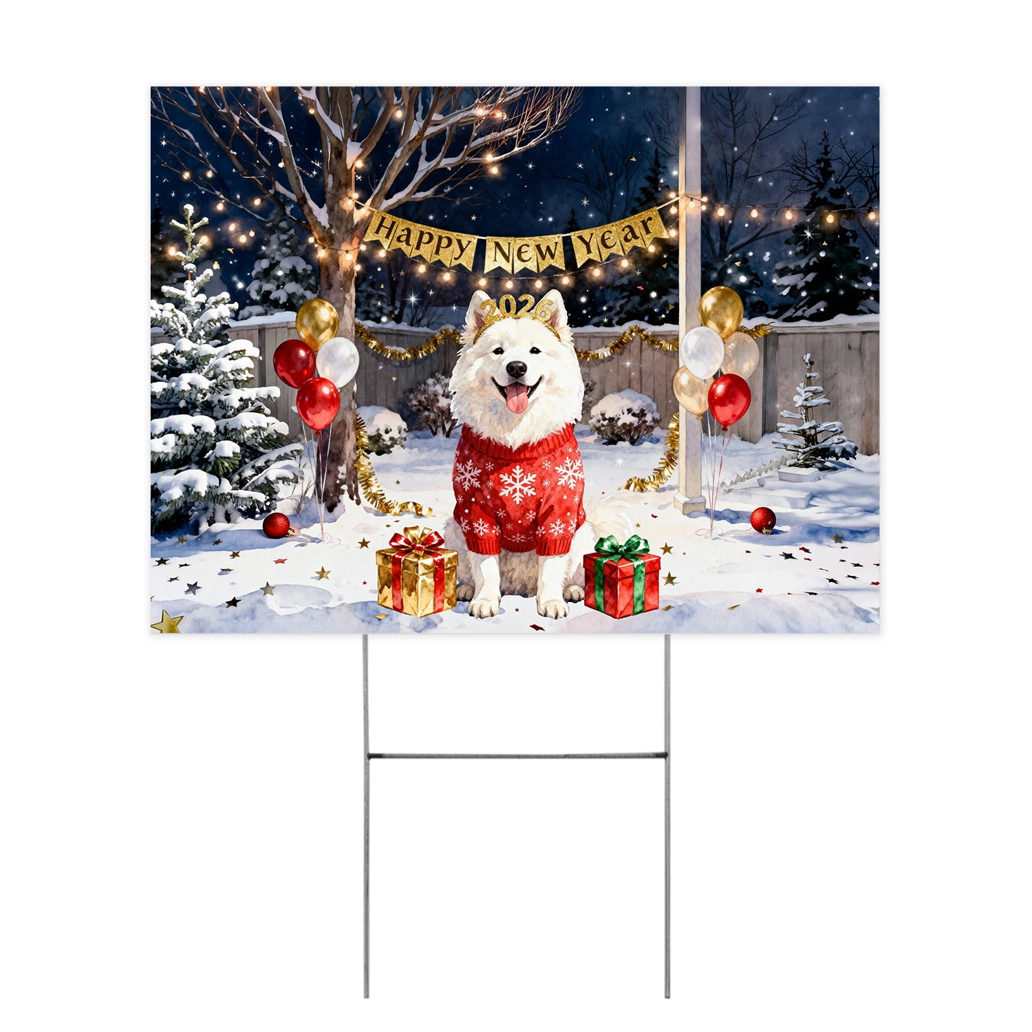 Happy New Year 2026 Samoyed Holiday Balloons Party Snow Yard Sign ...