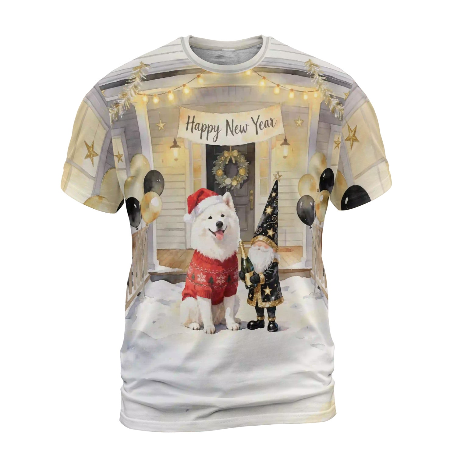 Happy New Year 2026 Samoyed Santa Gnome Holiday Party Snow All Over ...