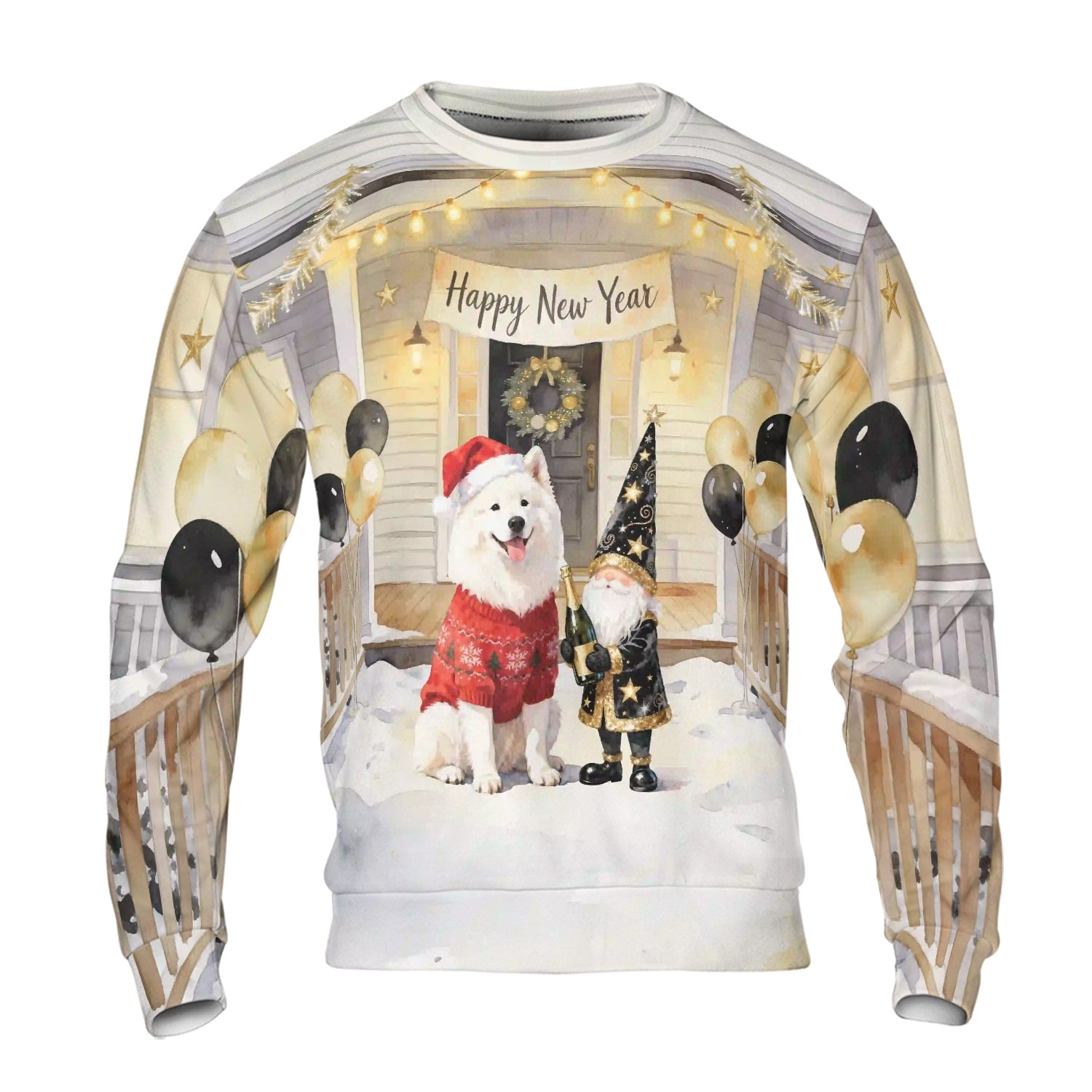 Happy New Year 2026 Samoyed Santa Gnome Holiday Party Snow All Over ...