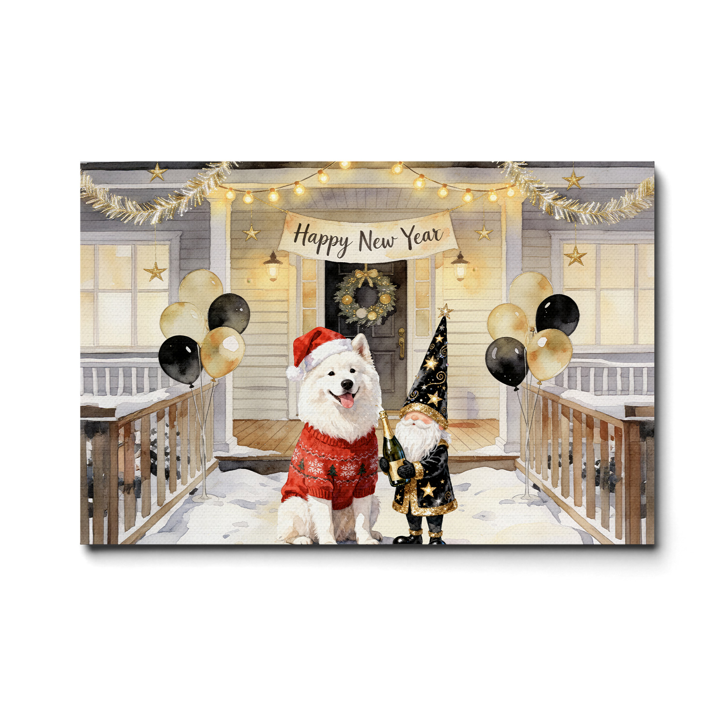 Happy New Year 2026 Samoyed Santa Gnome Holiday Party Snow Horizontal ...