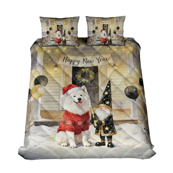 Happy New Year 2026 Samoyed Santa Gnome Holiday Party Snow Quilt ...