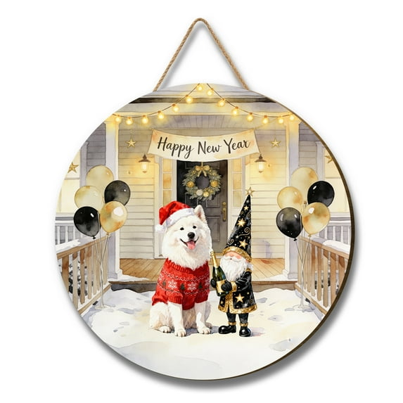 Happy New Year 2026 Samoyed Santa Gnome Holiday Party Snow Round Wood ...