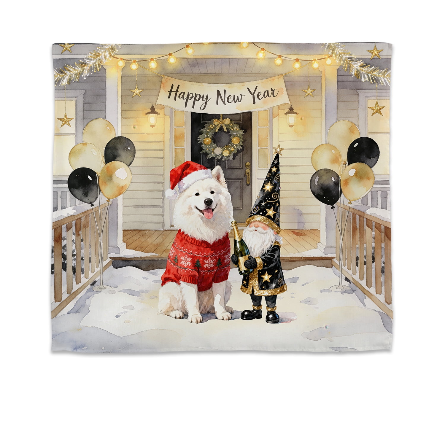Happy New Year 2026 Samoyed Santa Gnome Holiday Party Snow Tapestry ...
