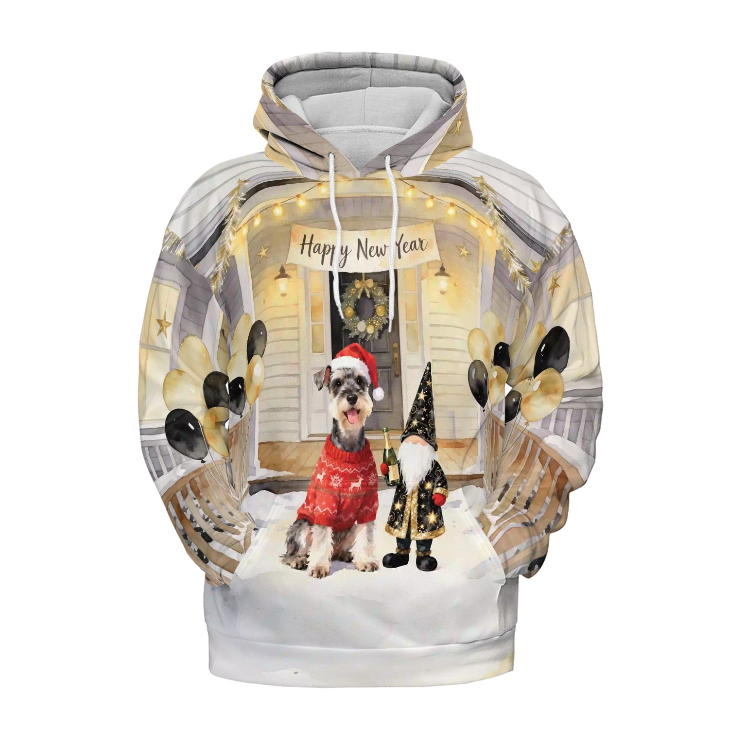Happy New Year 2026 Schnauzer Santa Gnome Holiday Party Snow All Over ...