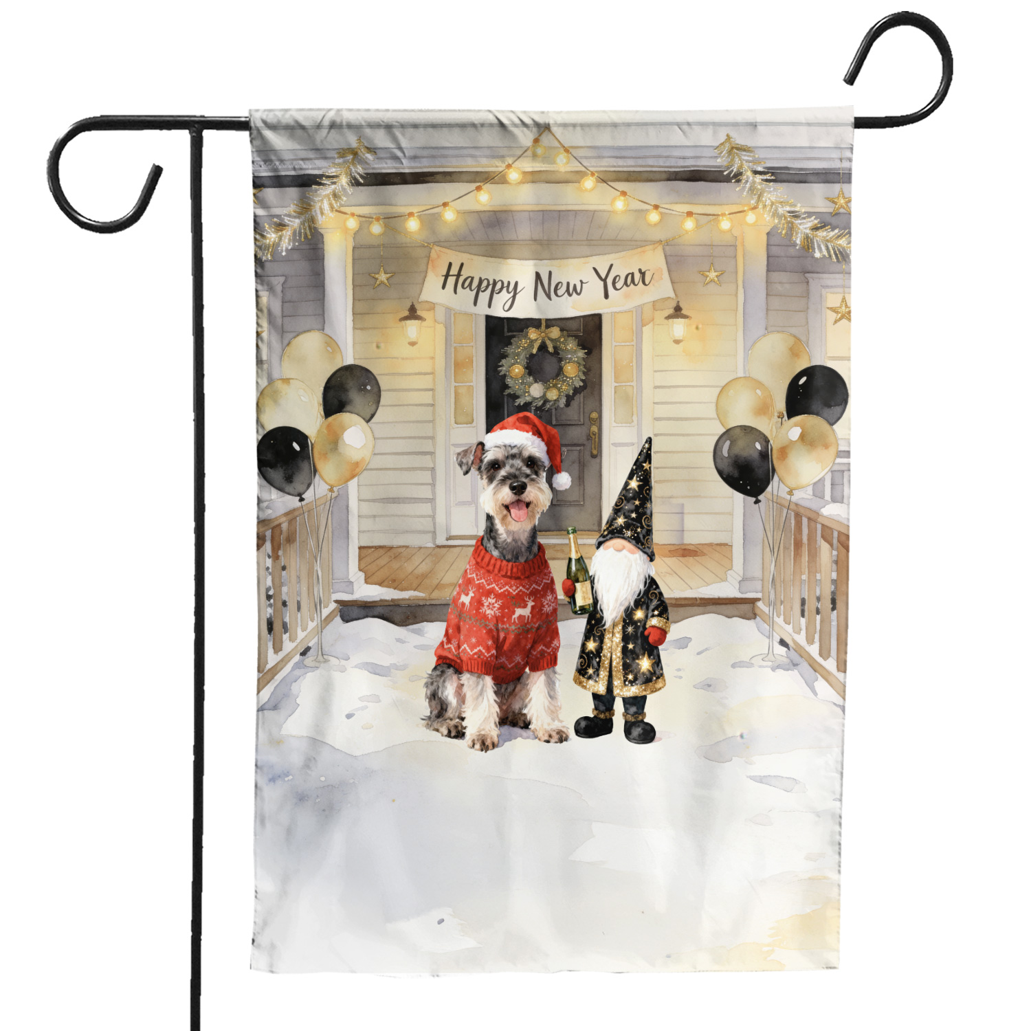 Happy New Year 2026 Schnauzer Santa Gnome Holiday Party Snow Garden ...