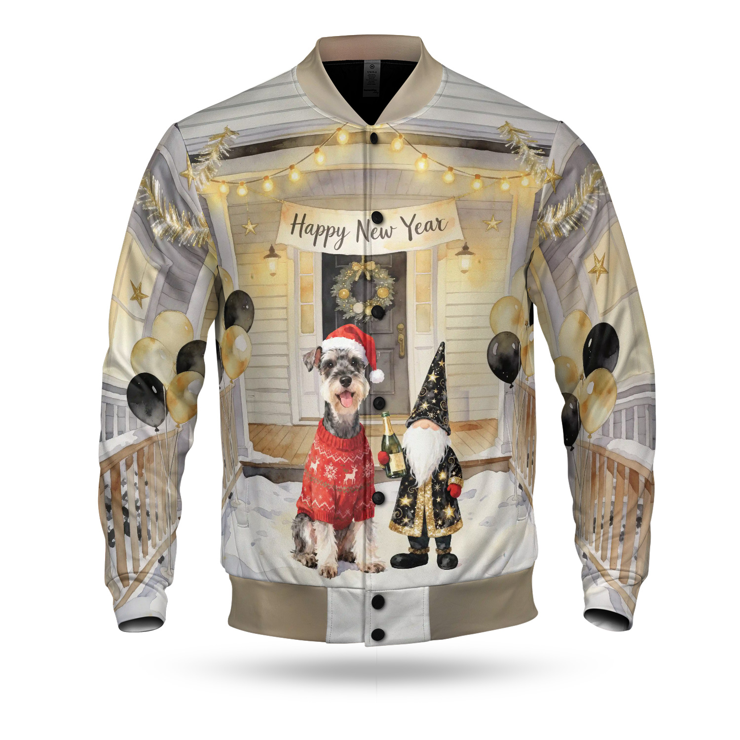 Happy New Year 2026 Schnauzer Santa Gnome Holiday Party Snow All Over ...