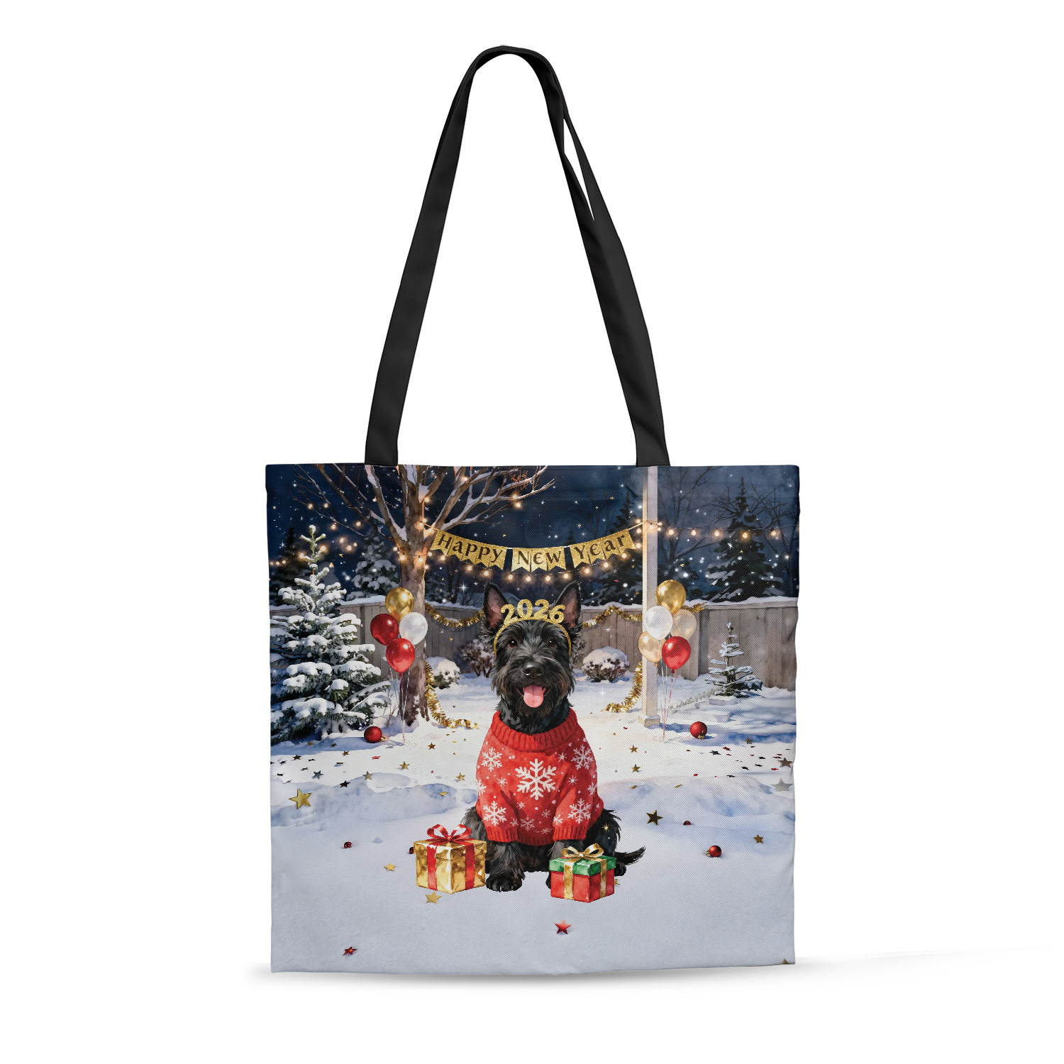 Happy New Year 2026 Scottish Terrier Holiday Balloons Party Snow All ...