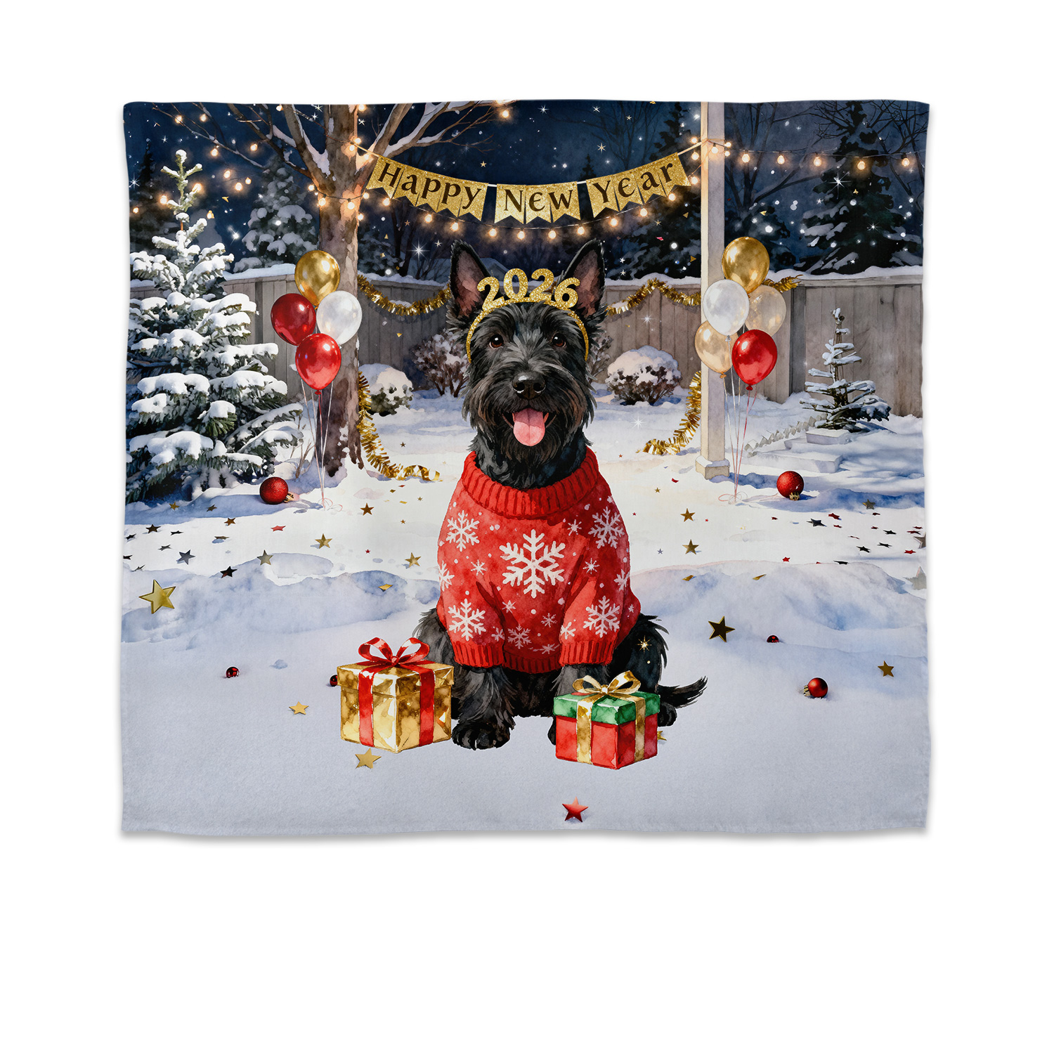 Happy New Year 2026 Scottish Terrier Holiday Balloons Party Snow ...