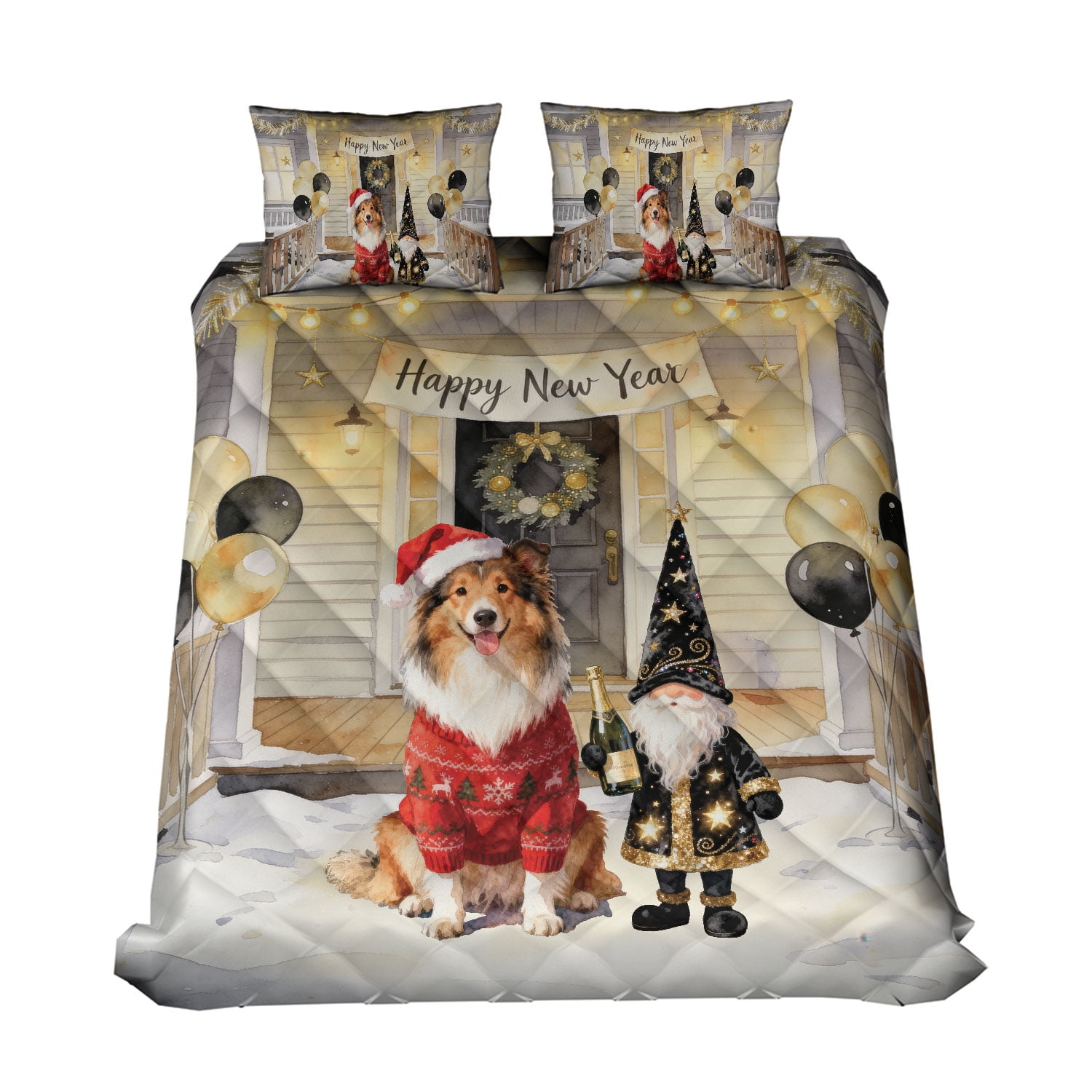 Happy New Year 2026 Shetland Sheepdog Santa Gnome Holiday Party Snow ...