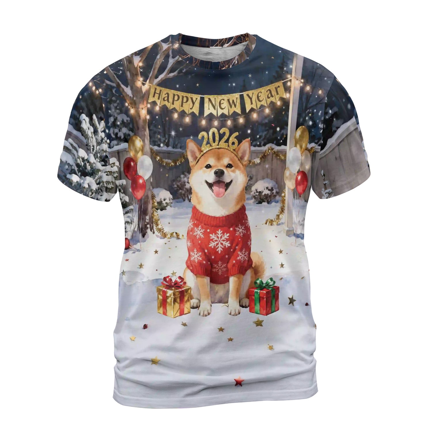 Happy New Year 2026 Shiba Inu Holiday Balloons Party Snow All Over ...
