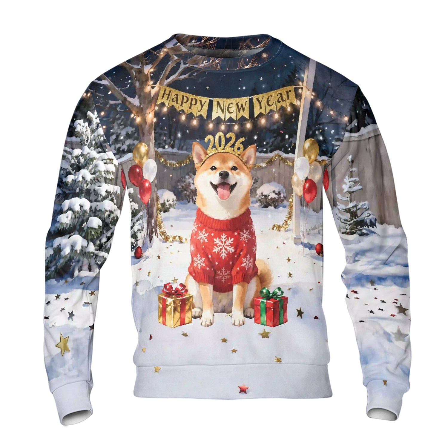 Happy New Year 2026 Shiba Inu Holiday Balloons Party Snow All Over ...