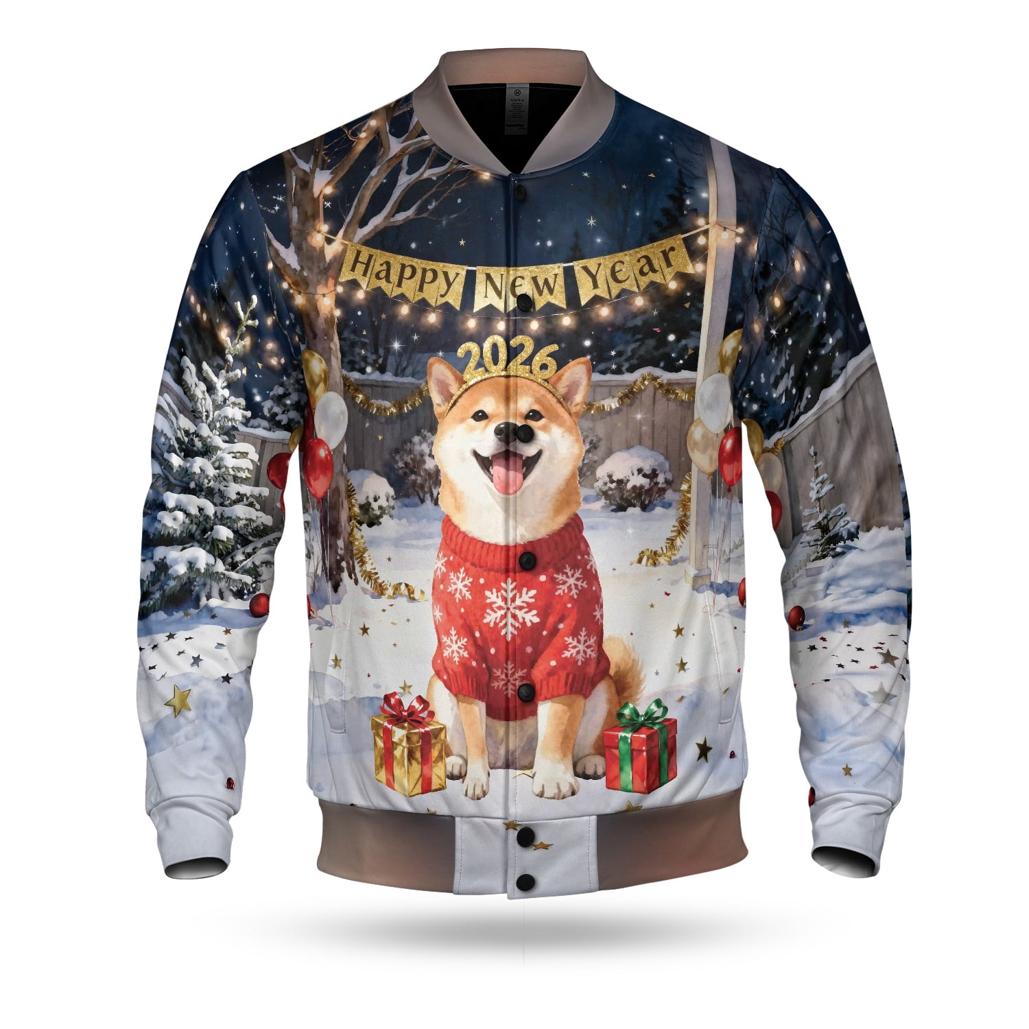 Happy New Year 2026 Shiba Inu Holiday Balloons Party Snow All Over ...