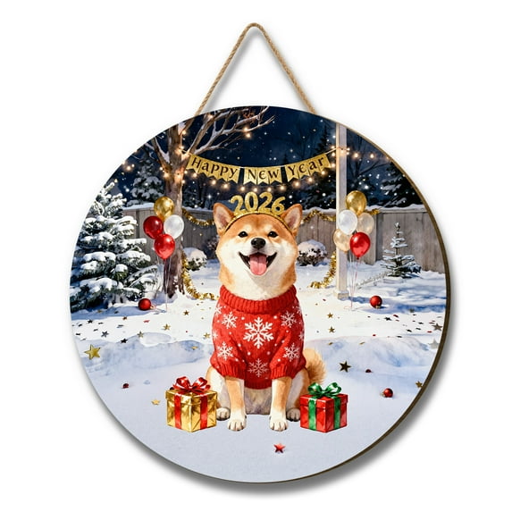 Happy New Year 2026 Shiba Inu Holiday Balloons Party Snow Round Wood ...