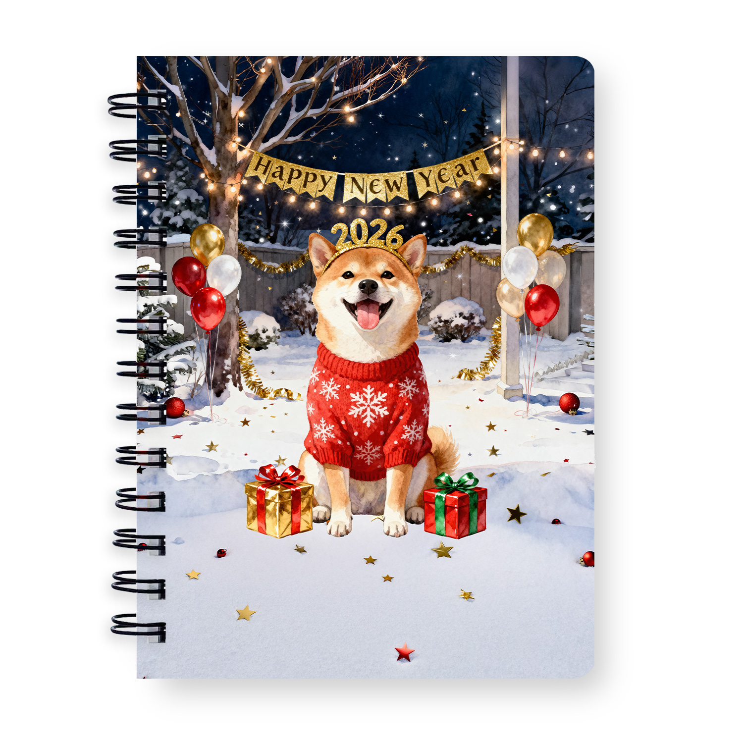 Happy New Year 2026 Shiba Inu Holiday Balloons Party Snow Spiral Bound ...